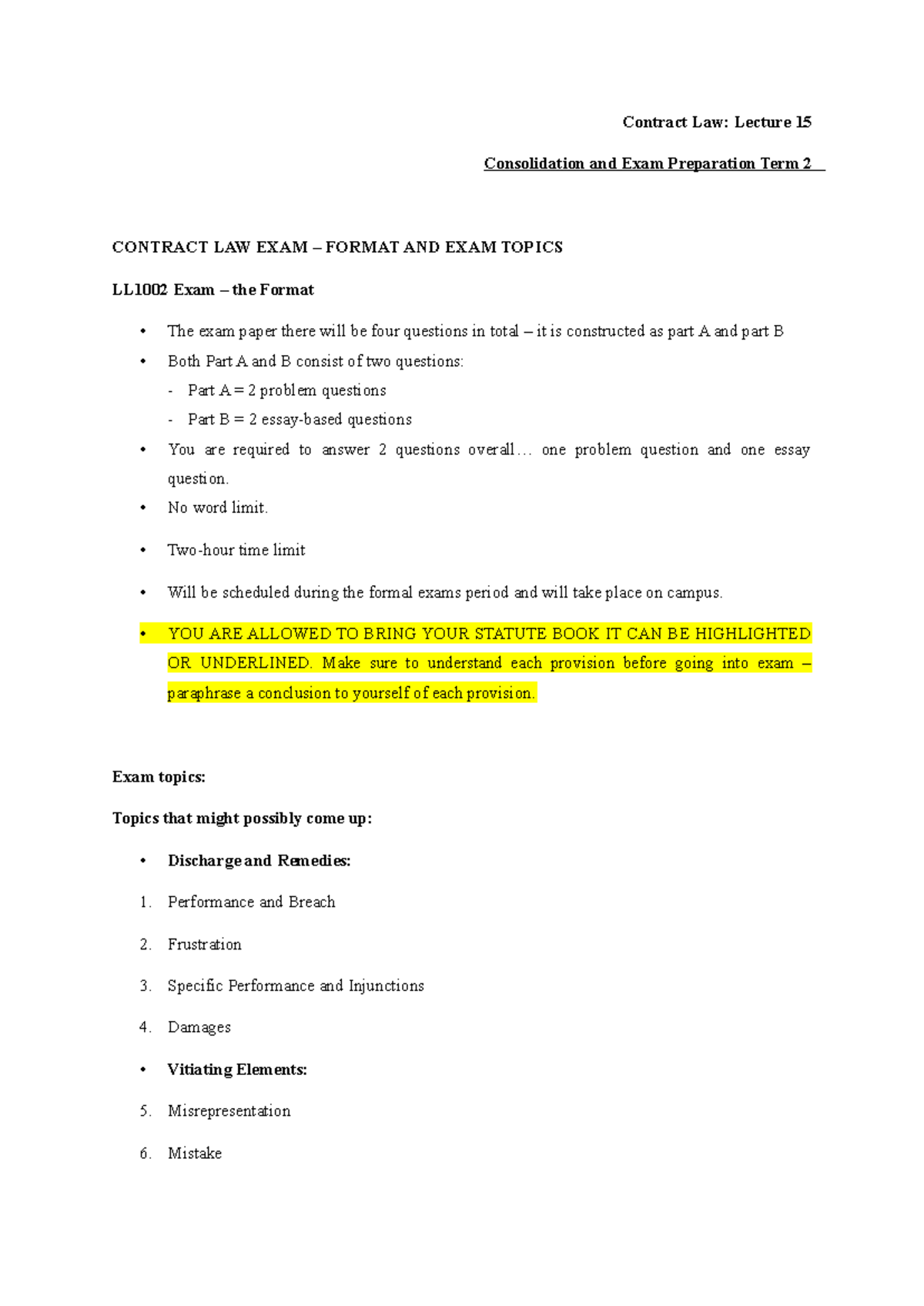 CL - L13 - NOTES - Contract Law: Lecture 15 Consolidation and Exam ...