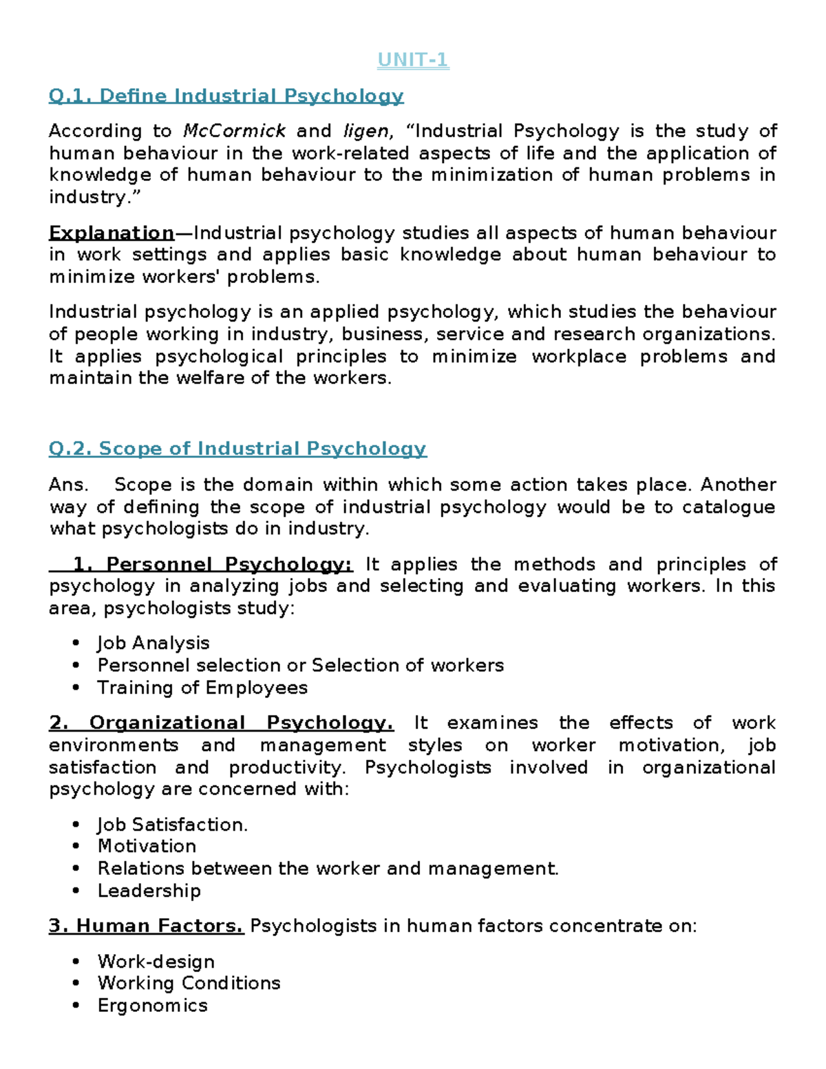 Short Notes 1 - Introduction to Career Psychology - UNIT- Q. Define ...