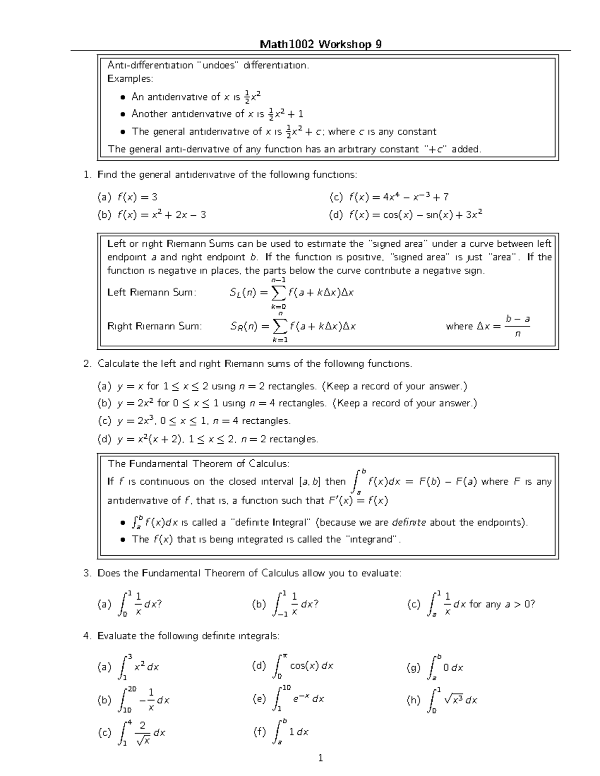 Workshop Sheet 09 - MATH 1002 at Callaghan Campus - Math1002 Workshop 9 Anti-differentiation ...