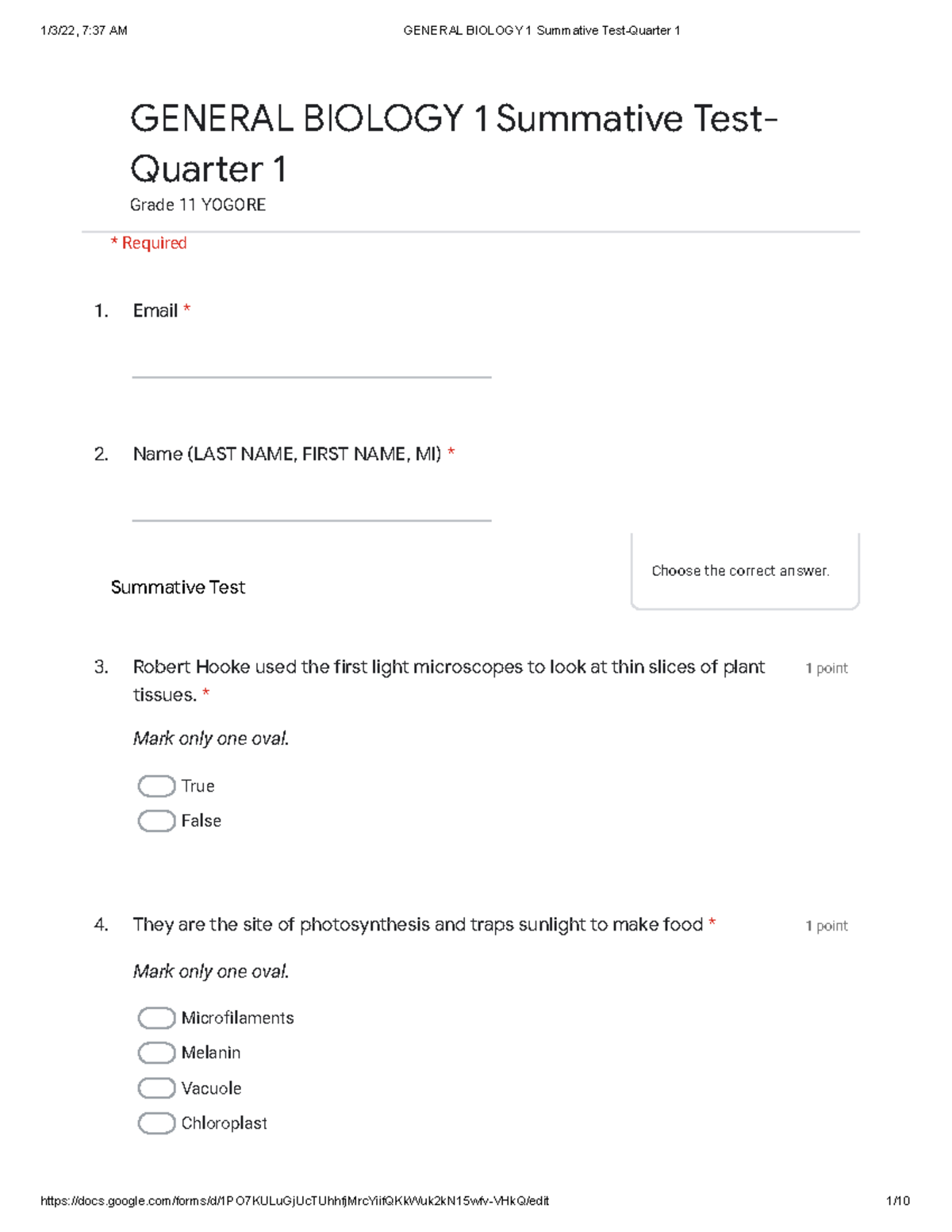 General Biology 1 Summative Test - Google Forms - Email * 2. Summative ...