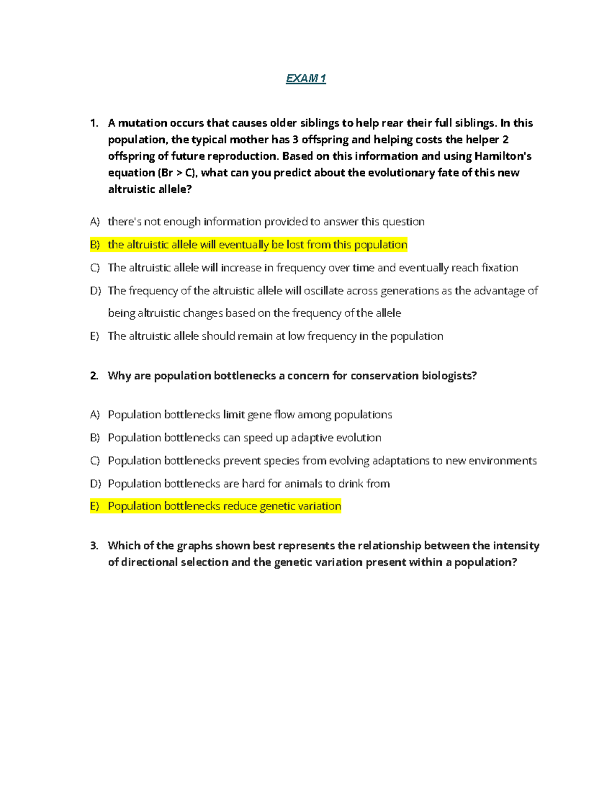 Bio142- Exam 1 - This document consists of all the questions and their ...