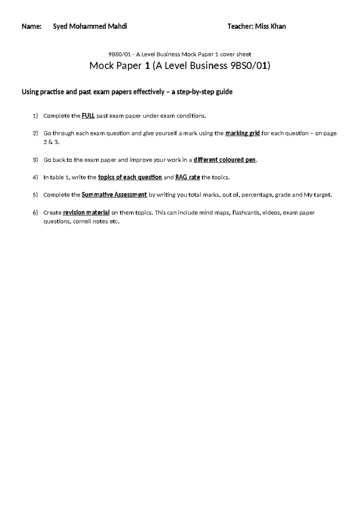 Practise paper step by step guide - Name: Syed Mohammed Mahdi Teacher ...