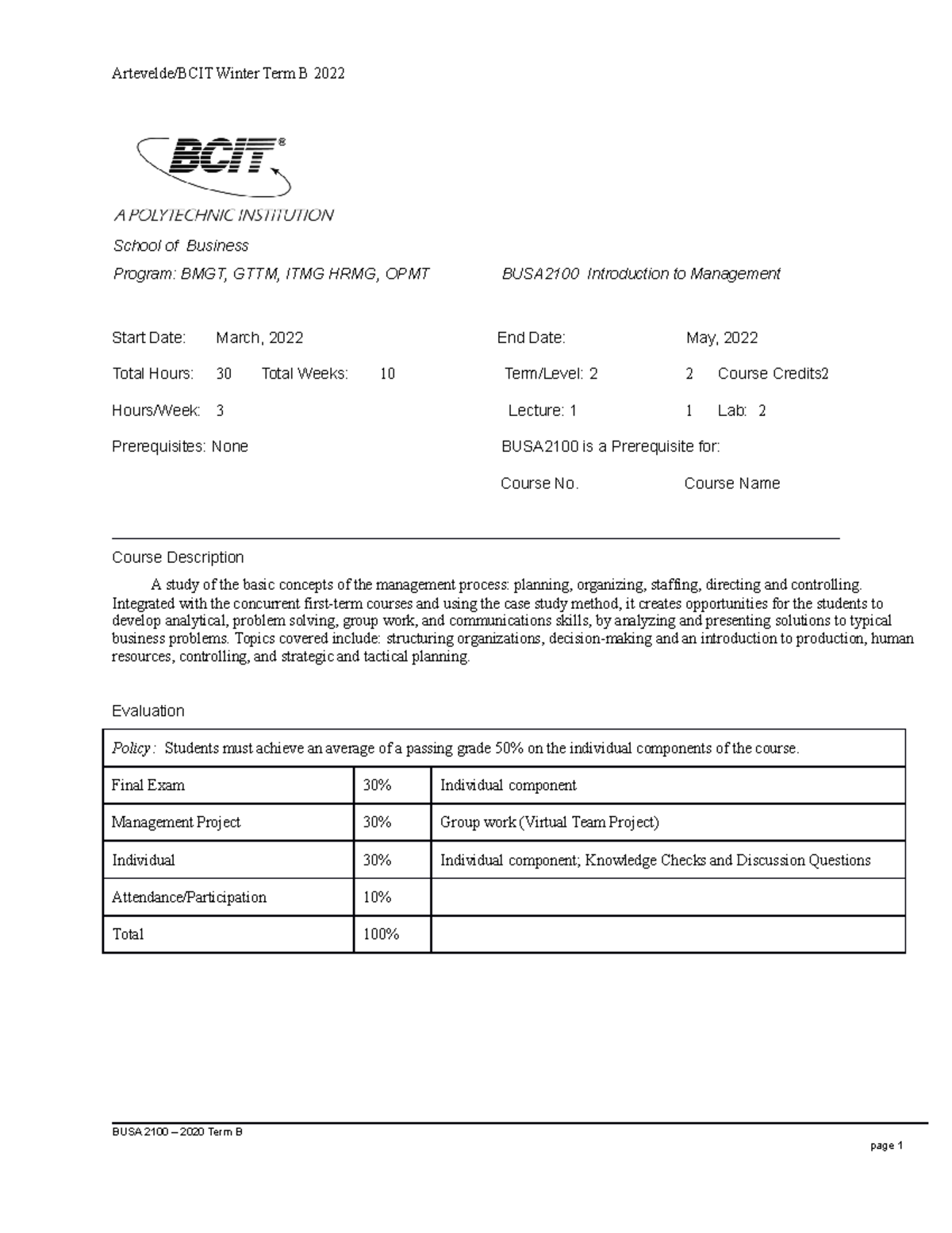 Artevelda-BCIT BUSA 2100 Course Outline Winter Term B 2022 - Final 2 ...
