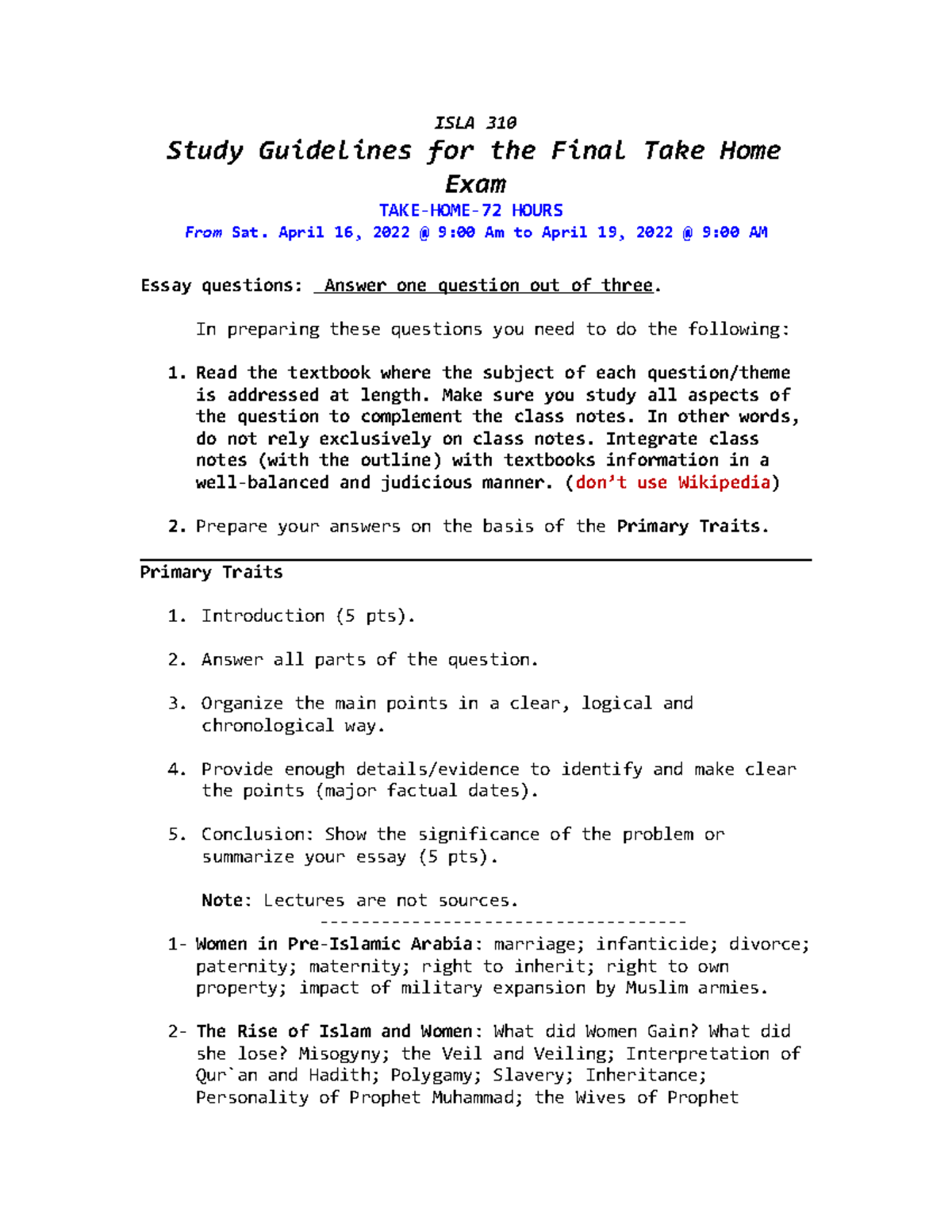 Study Guidelines. 2022 - ISLA 310 Study Guidelines for the Final Take ...