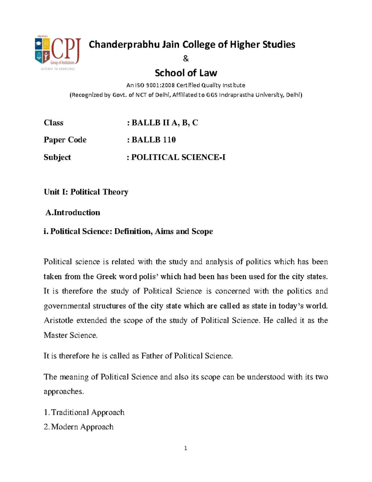E-notes Political Science-I Ballb 110 - Chanderprabhu Jain College of ...
