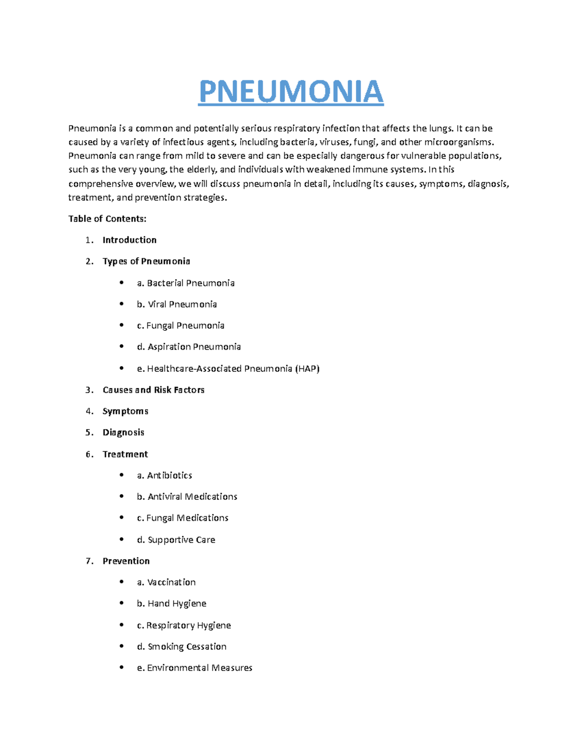 Pneumonia - Class notes - PNEUMONIA Pneumonia is a common and ...