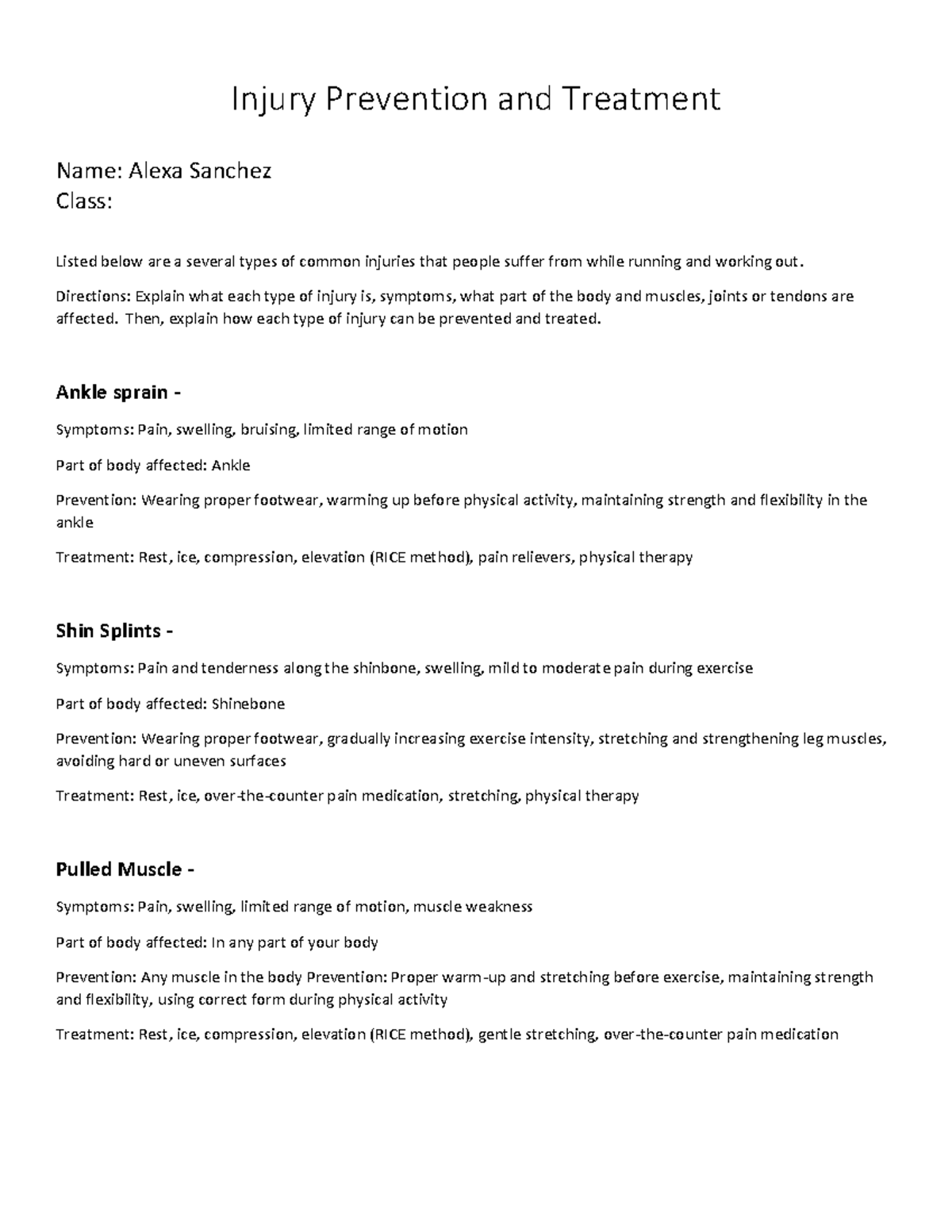 Injury Prevention Assignment - Injury Prevention and Treatment Name ...