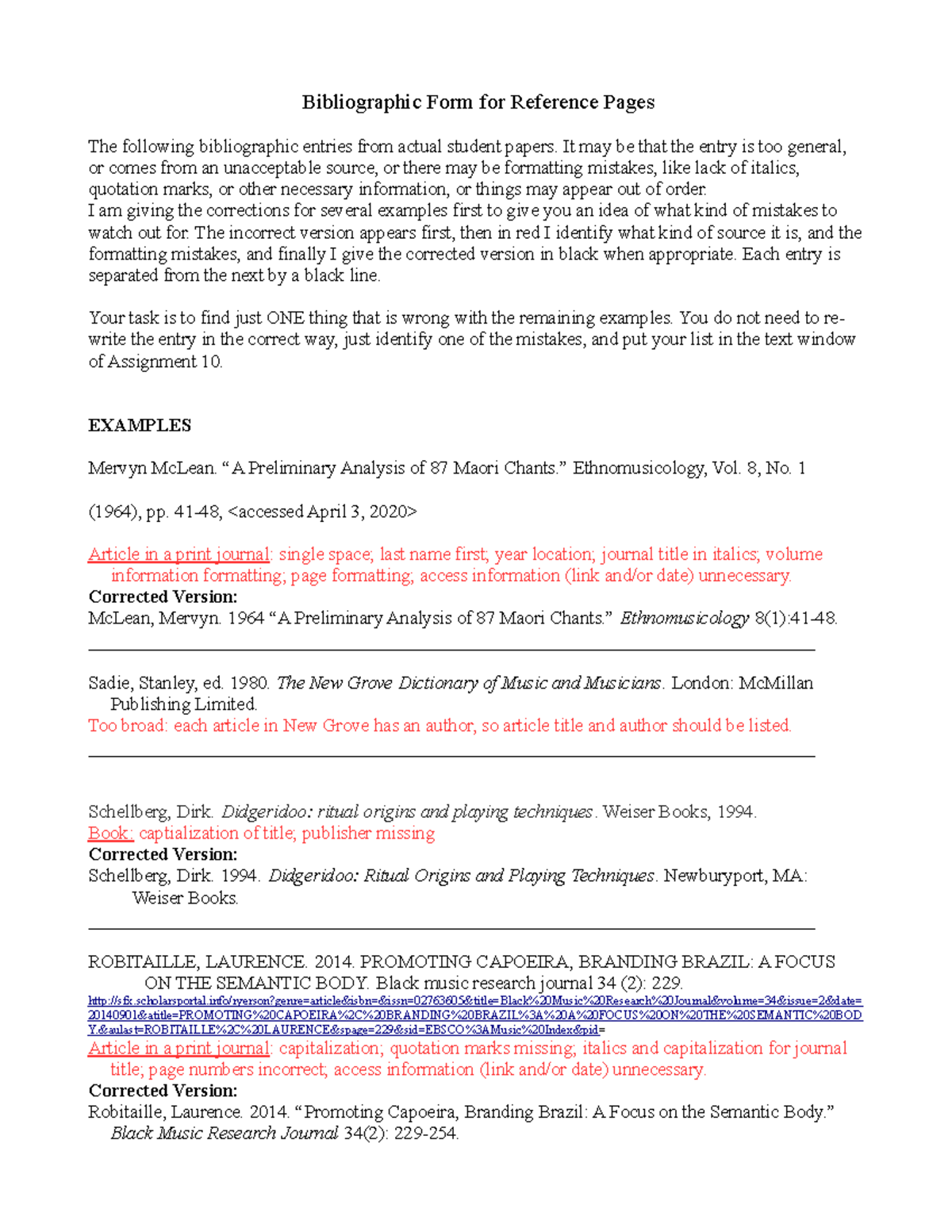 Refrence Page Formatting Exercise - Bibliographic Form for Reference ...
