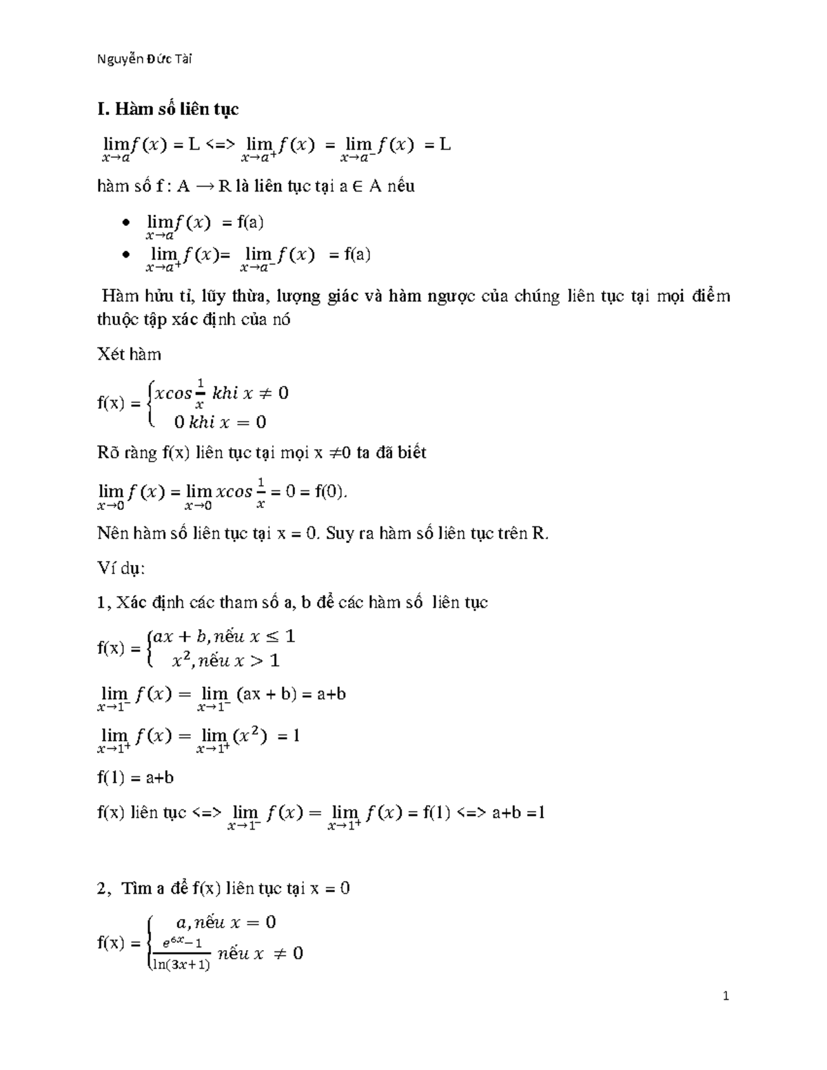 MATH 4 hàm liên tục khả vi đạo hàm cấp cao - I. Hàm số liên tục lim 𝑥→ ...