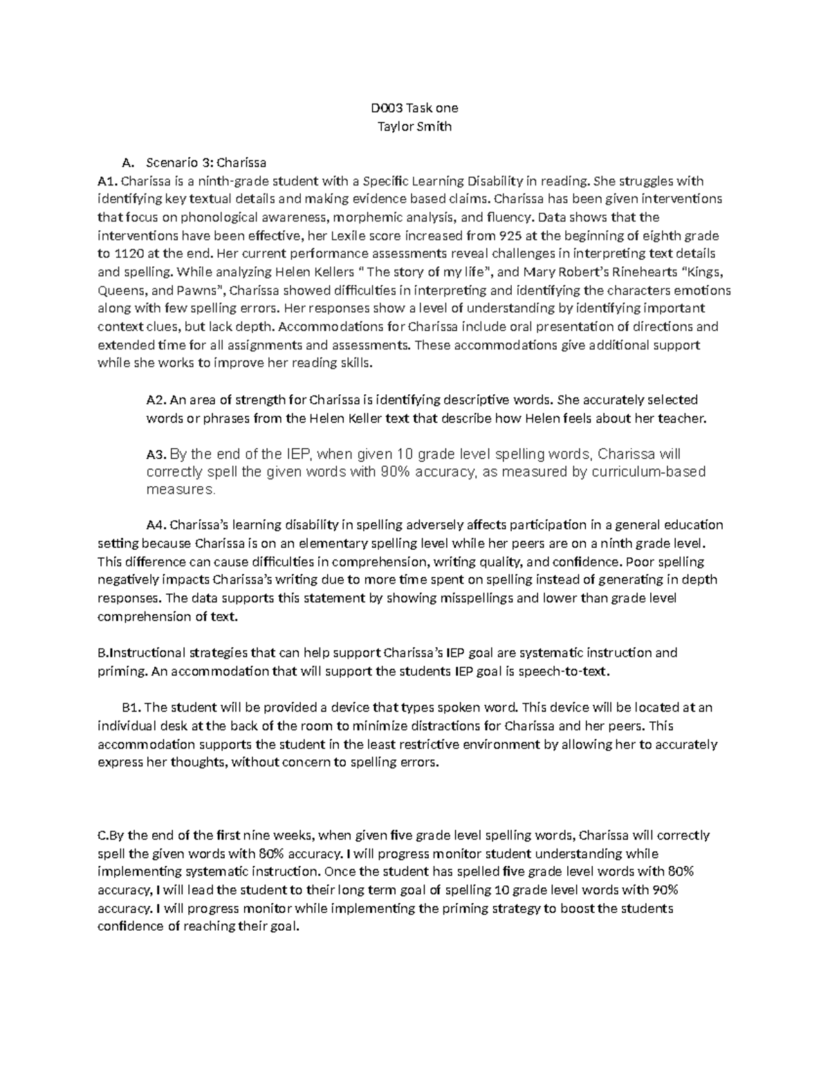 D093 Task one assignment - D003 Task one Taylor Smith A. Scenario 3 ...