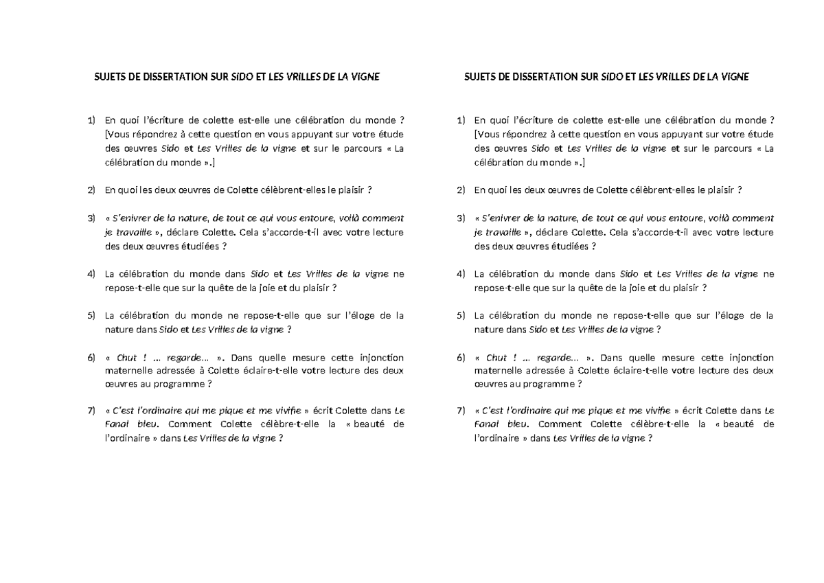 Sujets dissert Colette - SUJETS DE DISSERTATION SUR SIDO ET LES VRILLES DE LA VIGNE En quoi ...