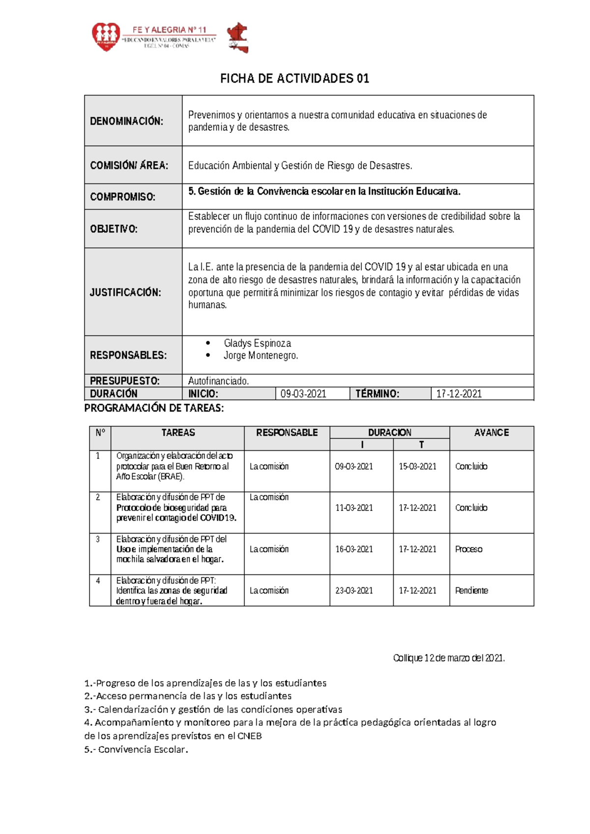 Ficha DE Actividades Comisiones 2021 - FICHA DE ACTIVIDADES 01 DENOMINACIÓN: Prevenimos y ...