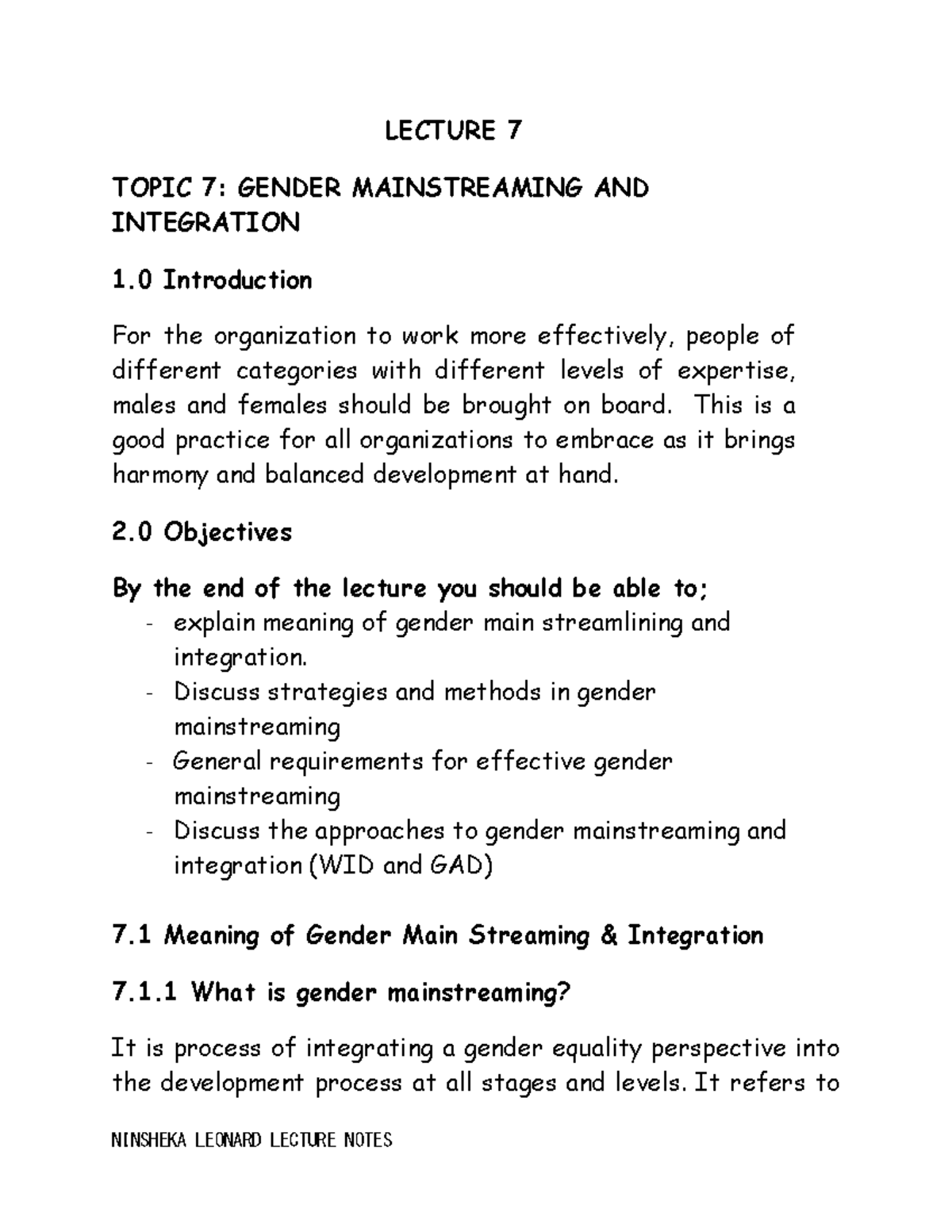 Gender Mainstreaming AND Integration - LECTURE 7 TOPIC 7: GENDER ...
