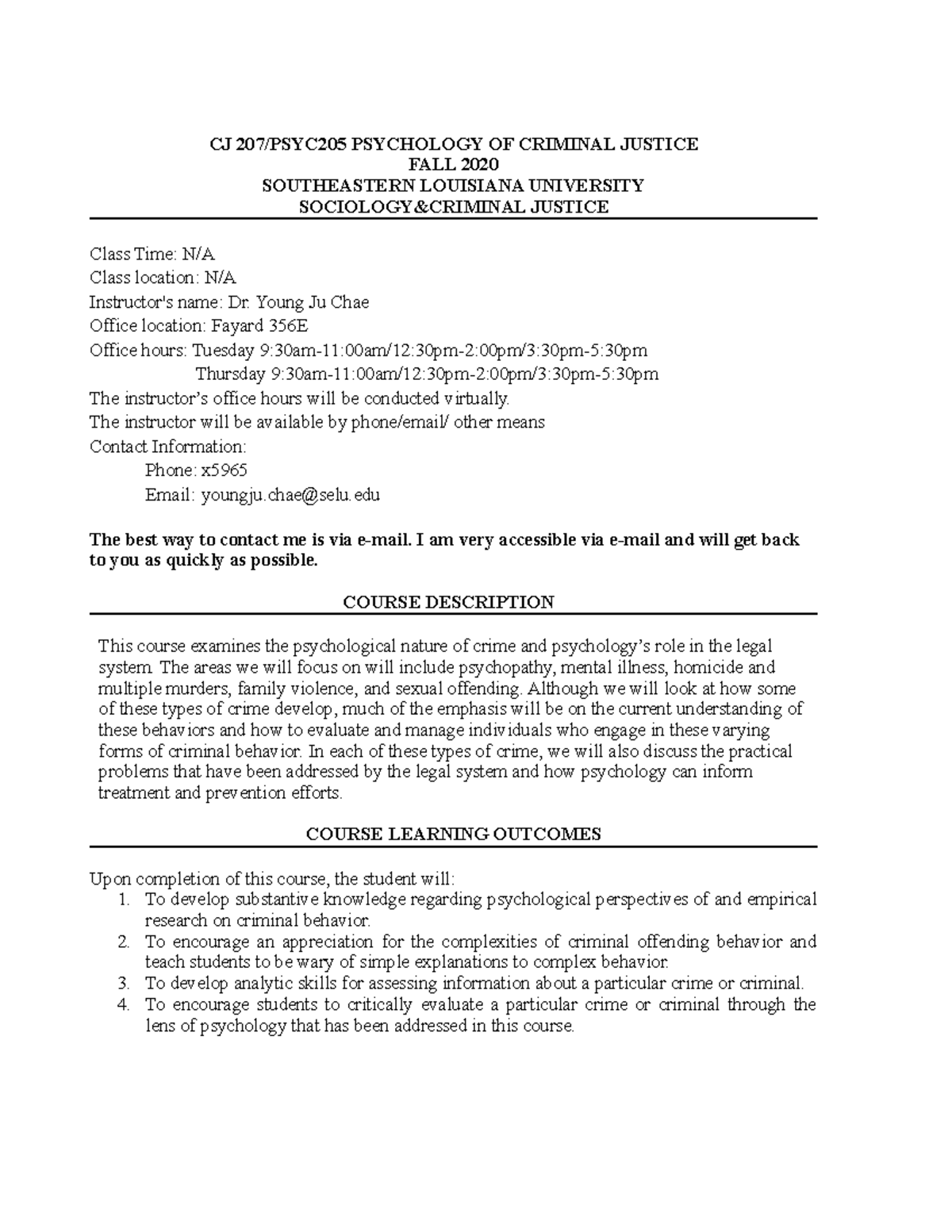 Fall2020 CJ207PSYC205 - CJ 207/PSYC205 PSYCHOLOGY OF CRIMINAL JUSTICE ...