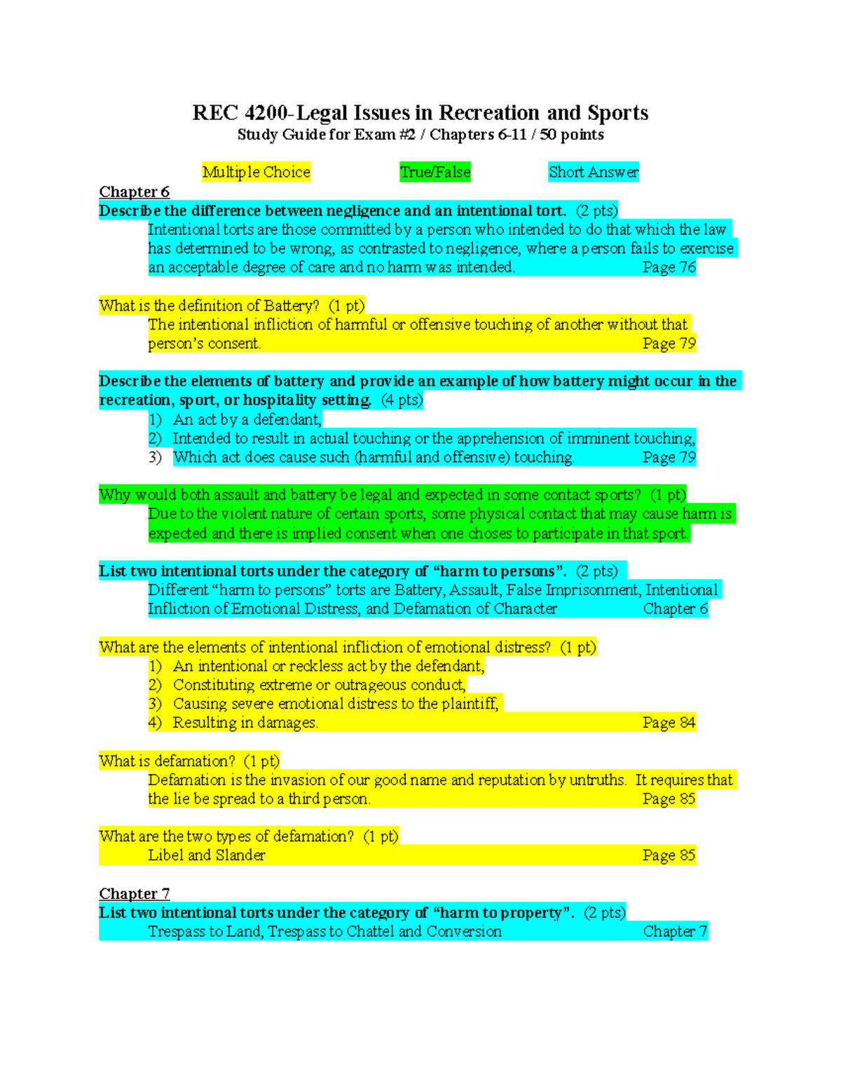 REC 4200 Study Guide for Exam #2, highlighted version - REC 4200-Legal ...