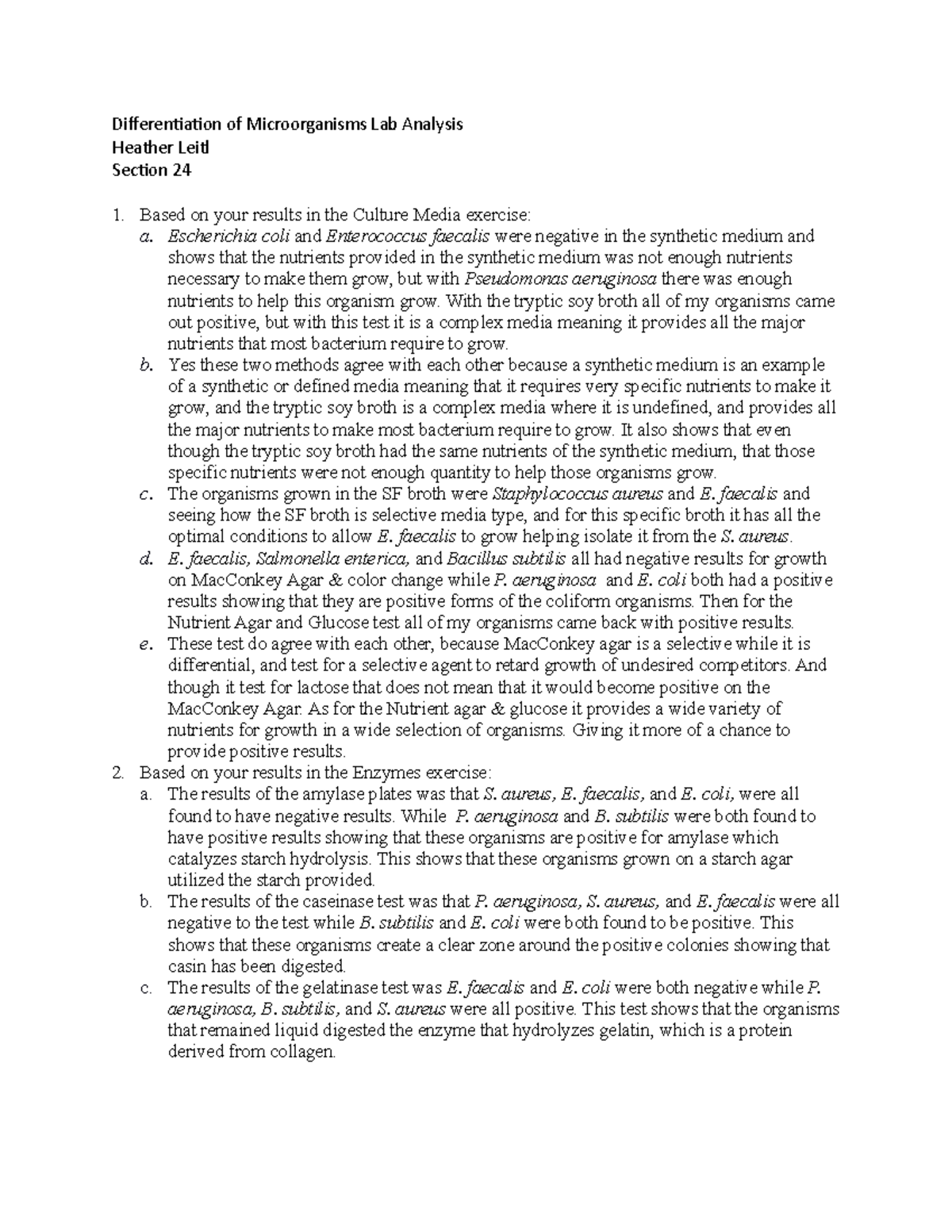 Differentiation of Microorganisms Lab Analysis - Escherichia coli and ...