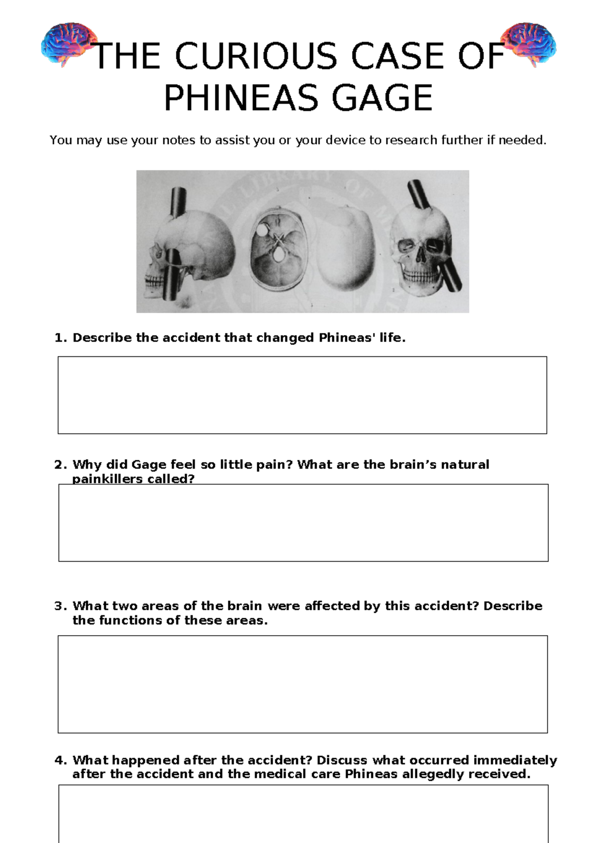 Phineas Gage Activity - PHINEAS GAGE You may use your notes to assist ...