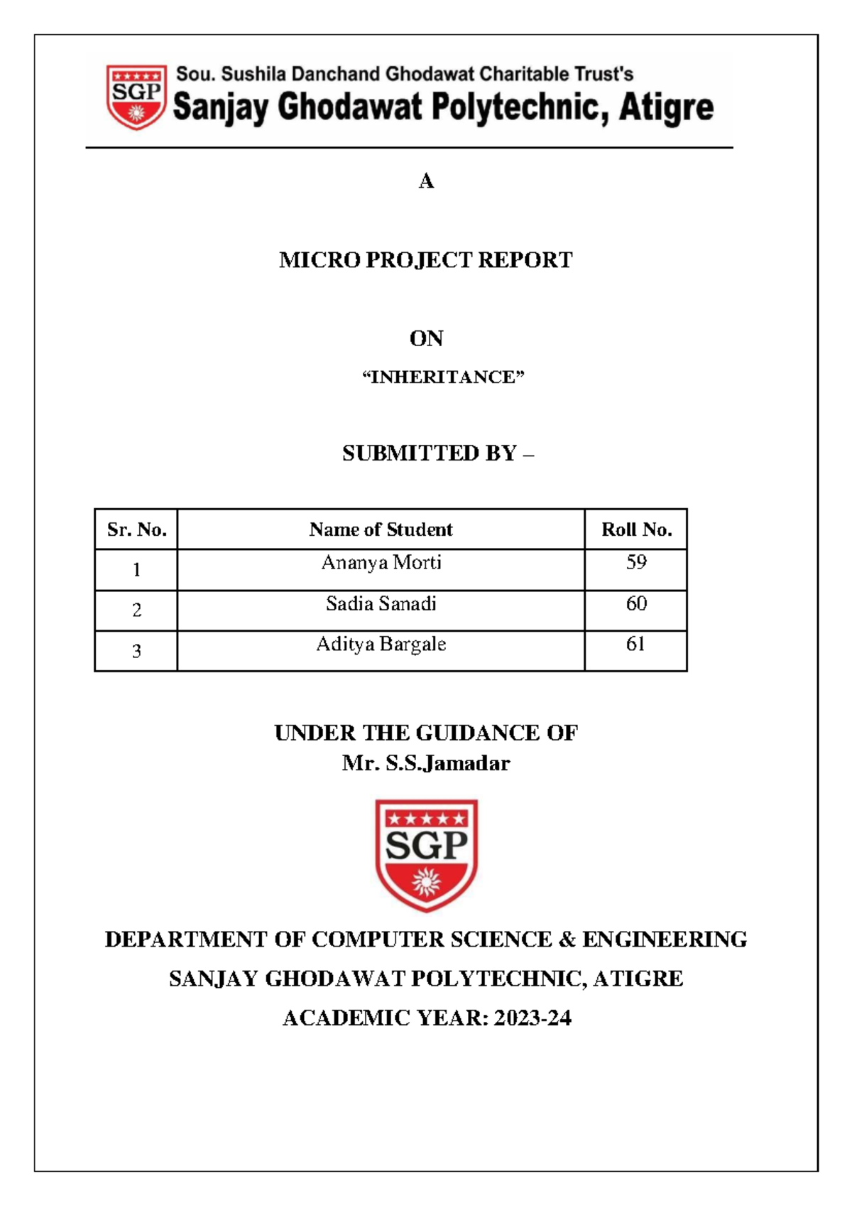 OOP1 - best - A MICRO PROJECT REPORT ON ####### “INHERITANCE” SUBMITTED ...