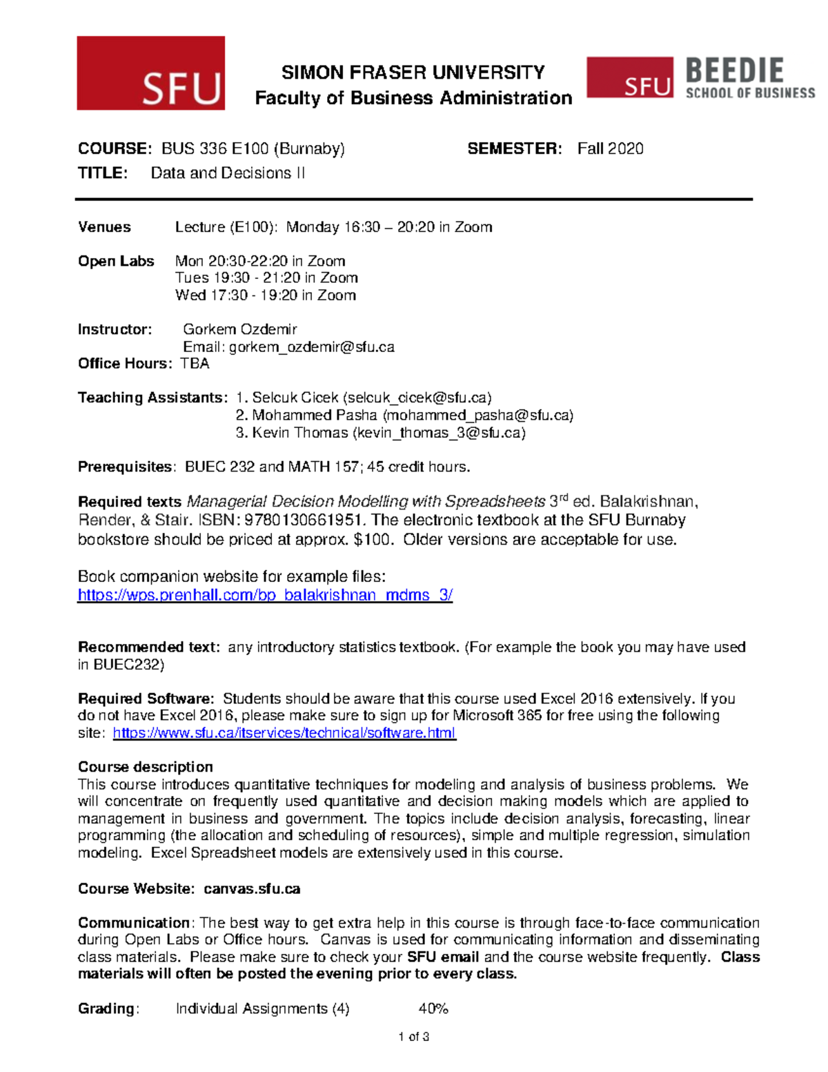 Syllabus - 1 of 3 SIMON FRASER UNIVERSITY Faculty of Business ...