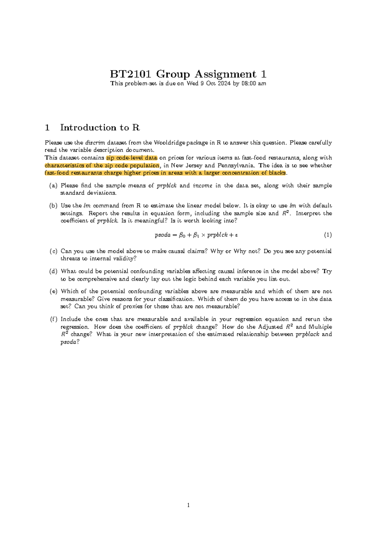 BT2101 GA1 - by prof Harun - BT2101 Group Assignment 1 This problem-set is due on Wed 9 Oct 2024 ...