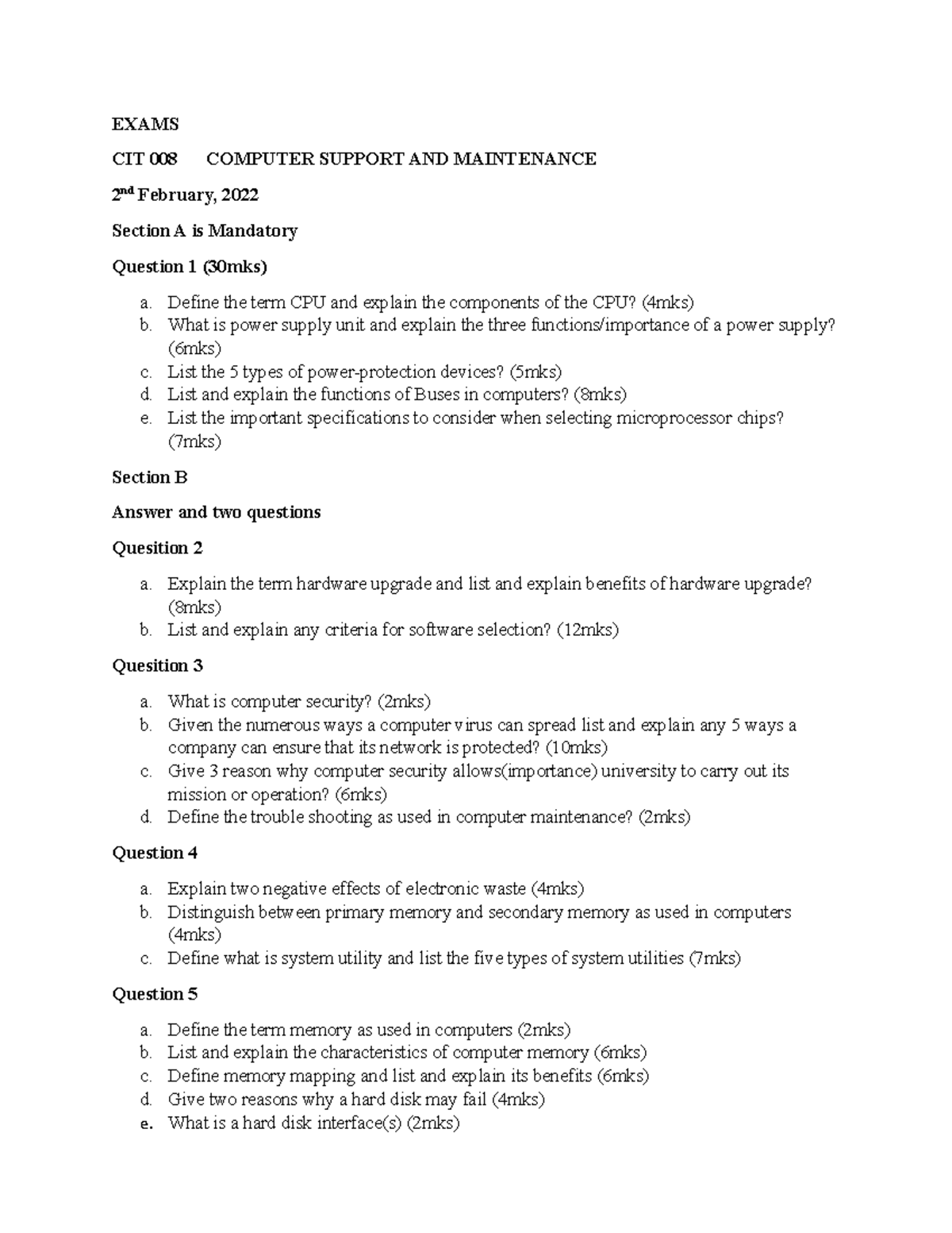 CIT 008 Exams - insfksdf - EXAMS CIT 008 COMPUTER SUPPORT AND ...