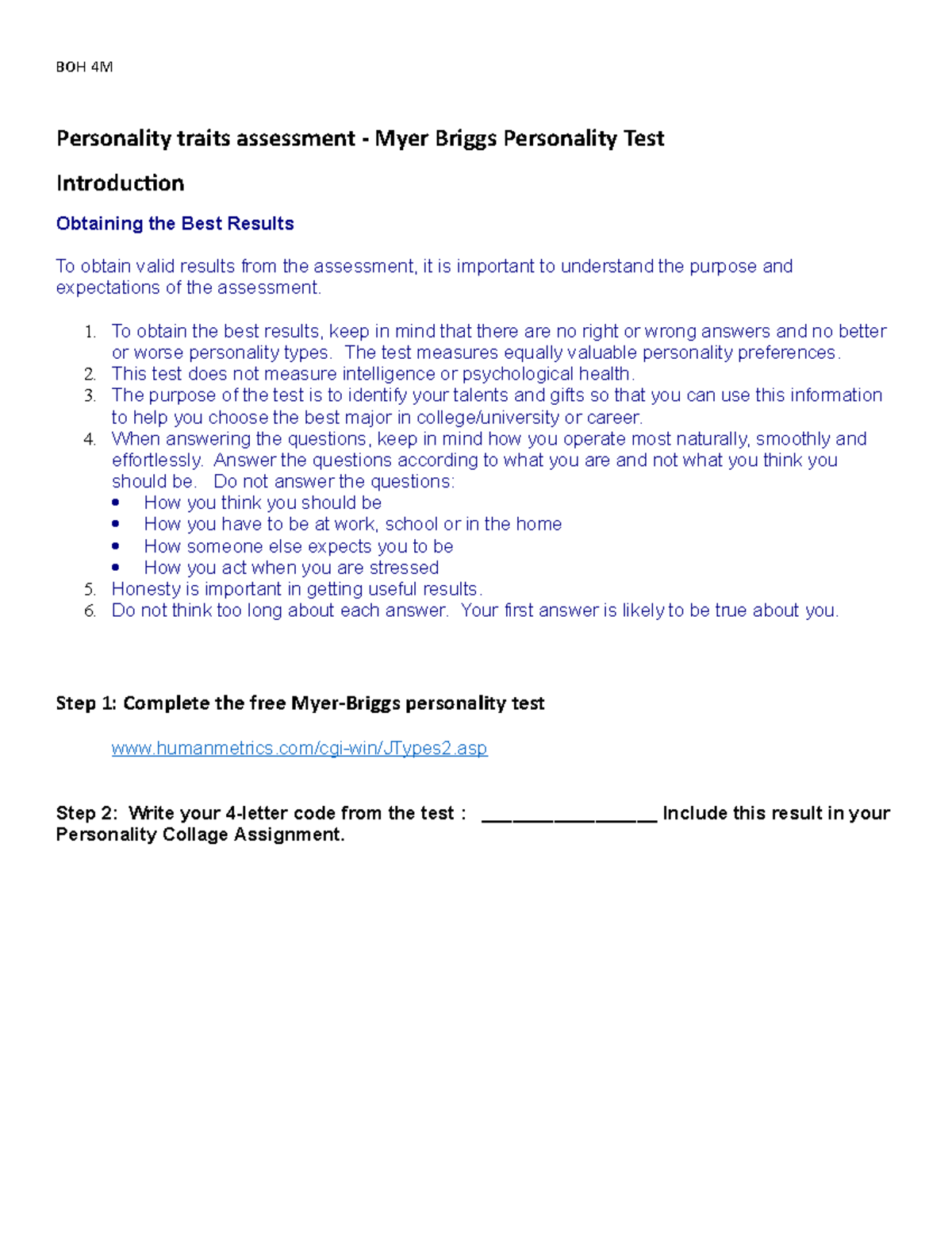 Myers Briggs Test - Personality test - BOH 4M Personality traits ...