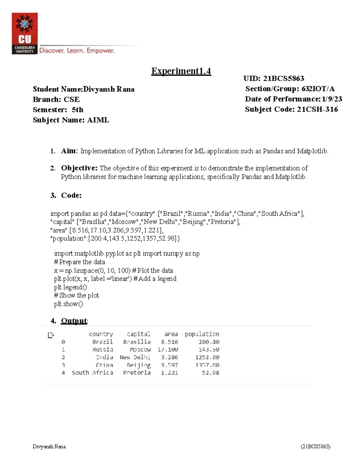 Aiml and ap experiments - DEPARTMENT OF COMPUTER SCIENCE & ENGINEERING Student Name:Divyansh ...