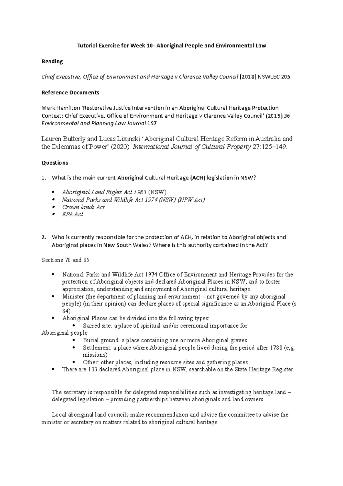 Tutorial Exercise Week 10- Indigenous Law - Tutorial Exercise for Week ...