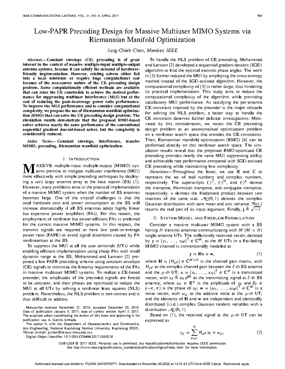 Low Papr Precoding Design For Massive Multiuser Mimo Systems Via Riemannian Manifold
