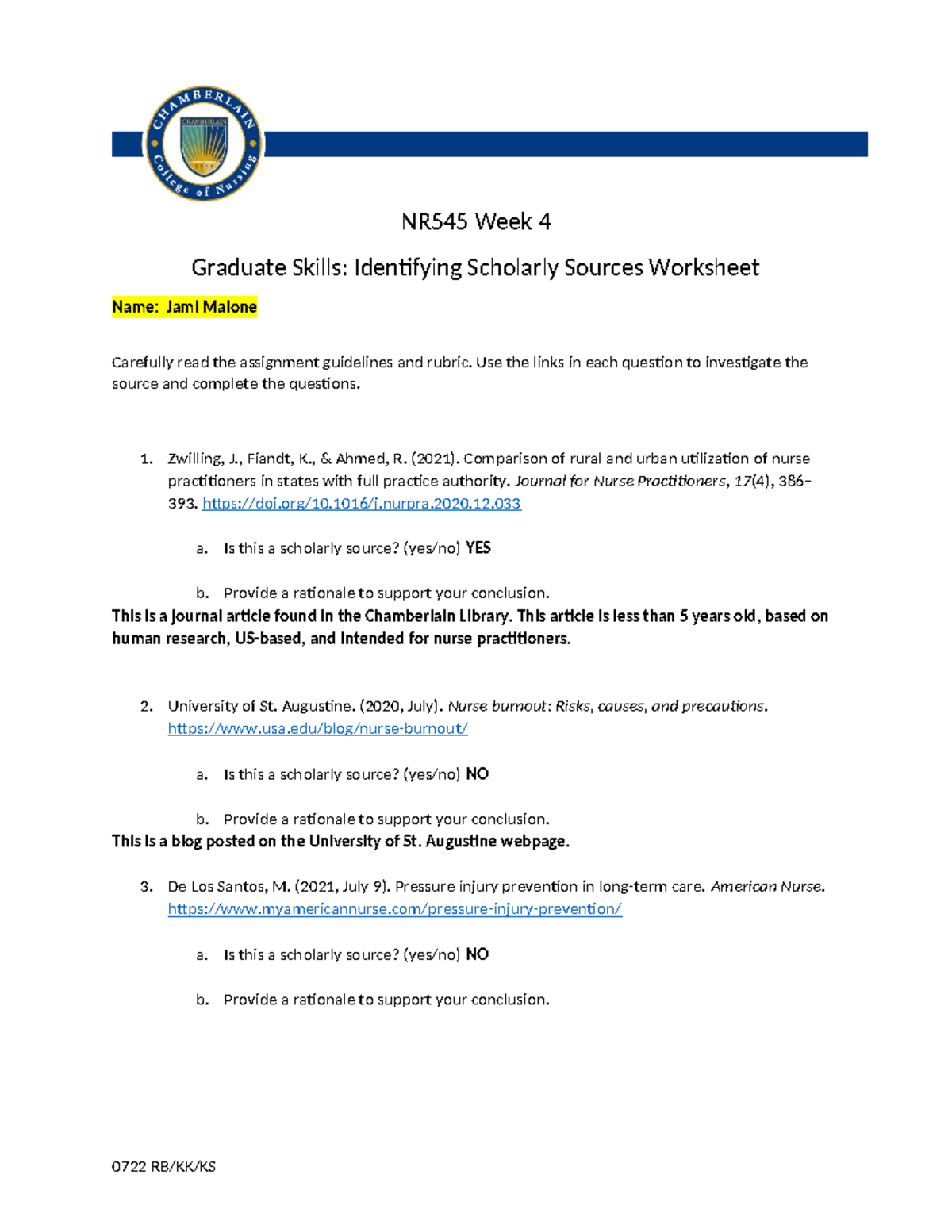 NR545 Week 4 Identifying Scholarly Sources Worksheet - NR545 Week 4 Graduate Skills: Identifying ...