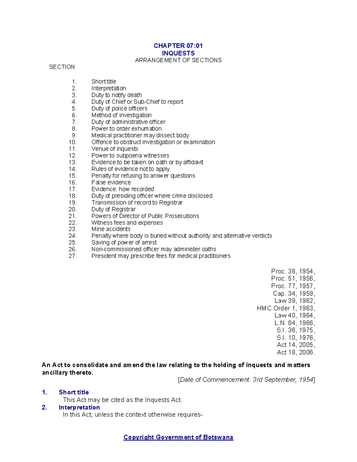 A - ch07-01 Inquests Act - CHAPTER 07: INQUESTS ARRANGEMENT OF SECTIONS ...