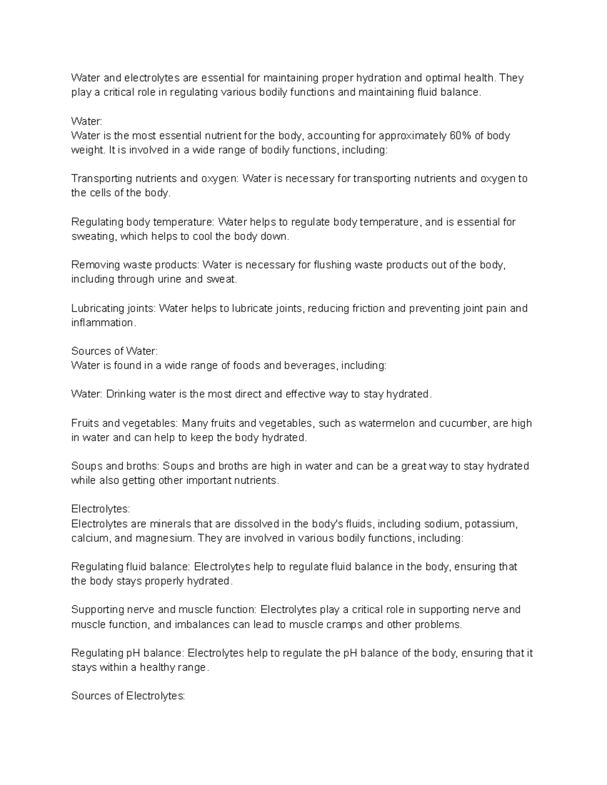 Water and Electrolytes Notes - Water and electrolytes are essential for ...