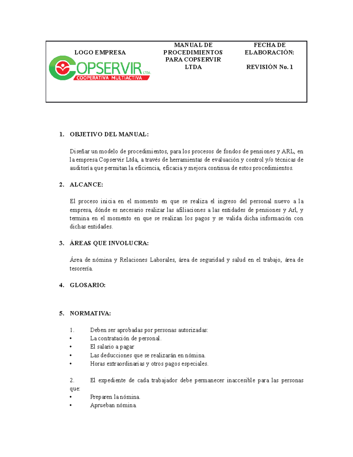 Modelo DE Manual DE Procedimientos Copservir - LOGO EMPRESA MANUAL DE ...