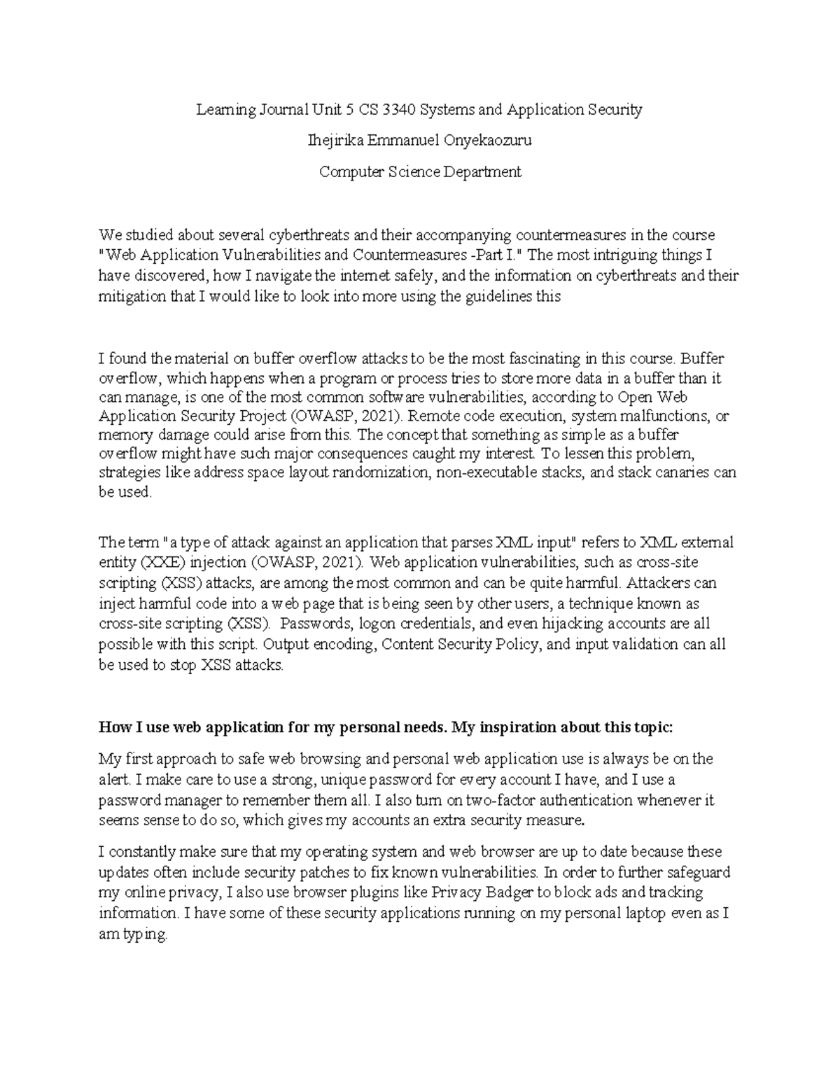 Learning Journal Unit 5 CS 3340 Systems and Application Security - Learning Journal Unit 5 CS ...