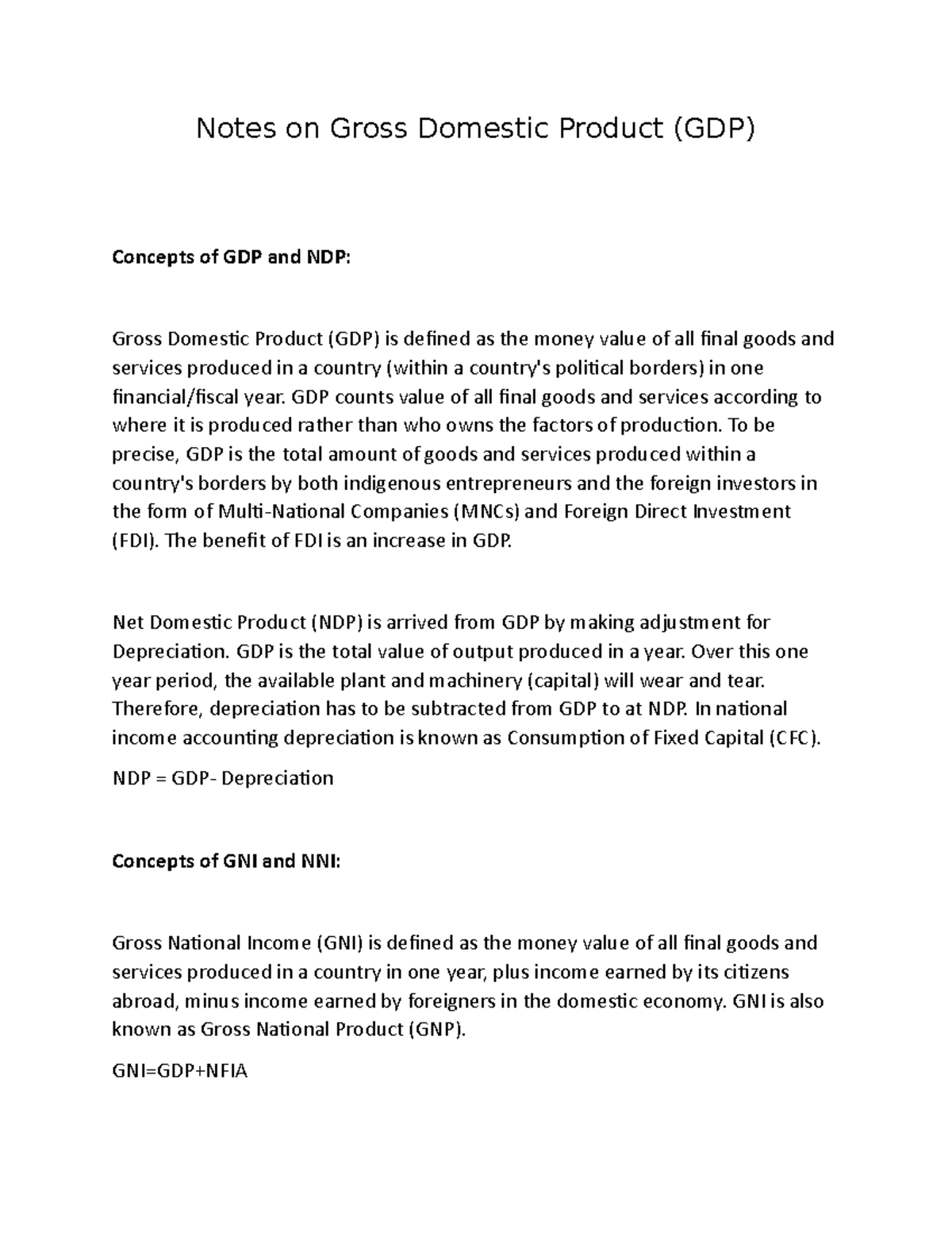 Notes on Gross Domestic Product (GDP) - Notes on Gross Domestic Product ...