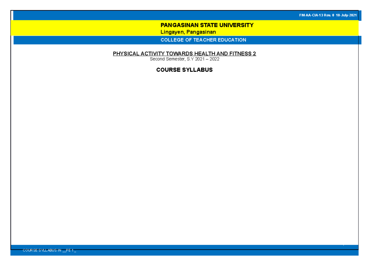 PATH-FIT 2 Course- Syllabus-BSE - PHYSICAL ACTIVITY TOWARDS HEALTH AND ...