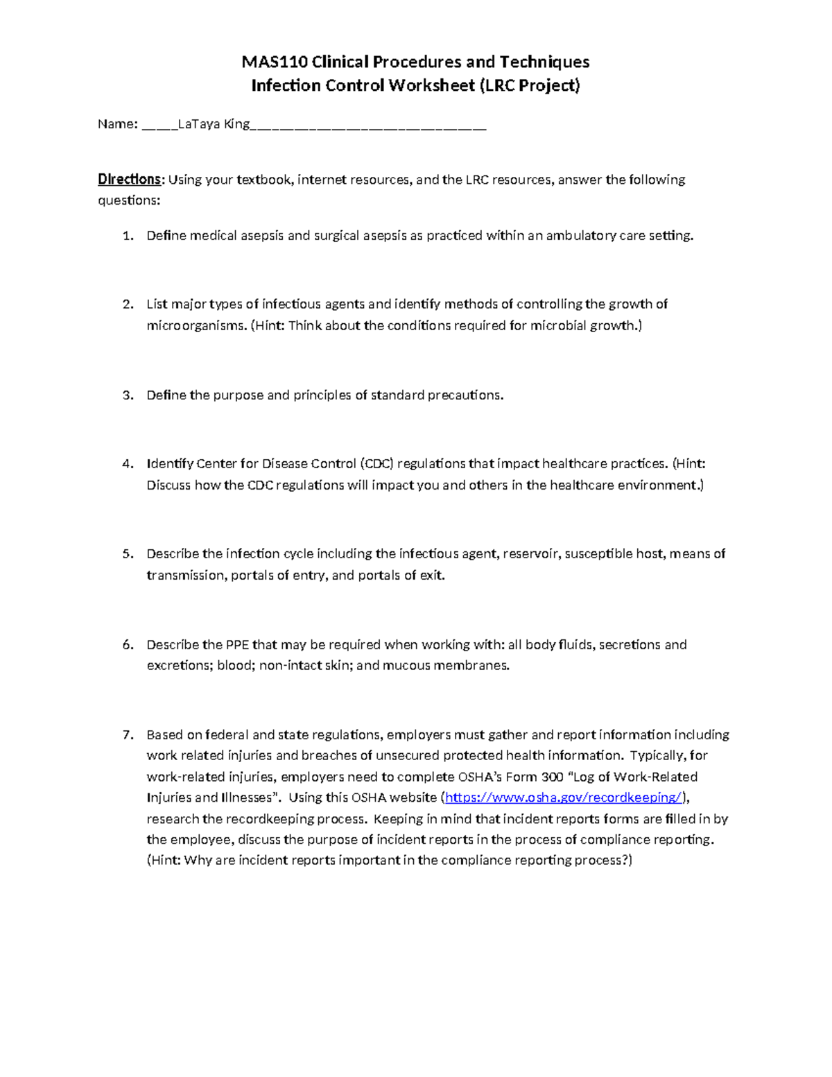 MAS110 Infection Control Worksheet - MAS110 Clinical Procedures and ...