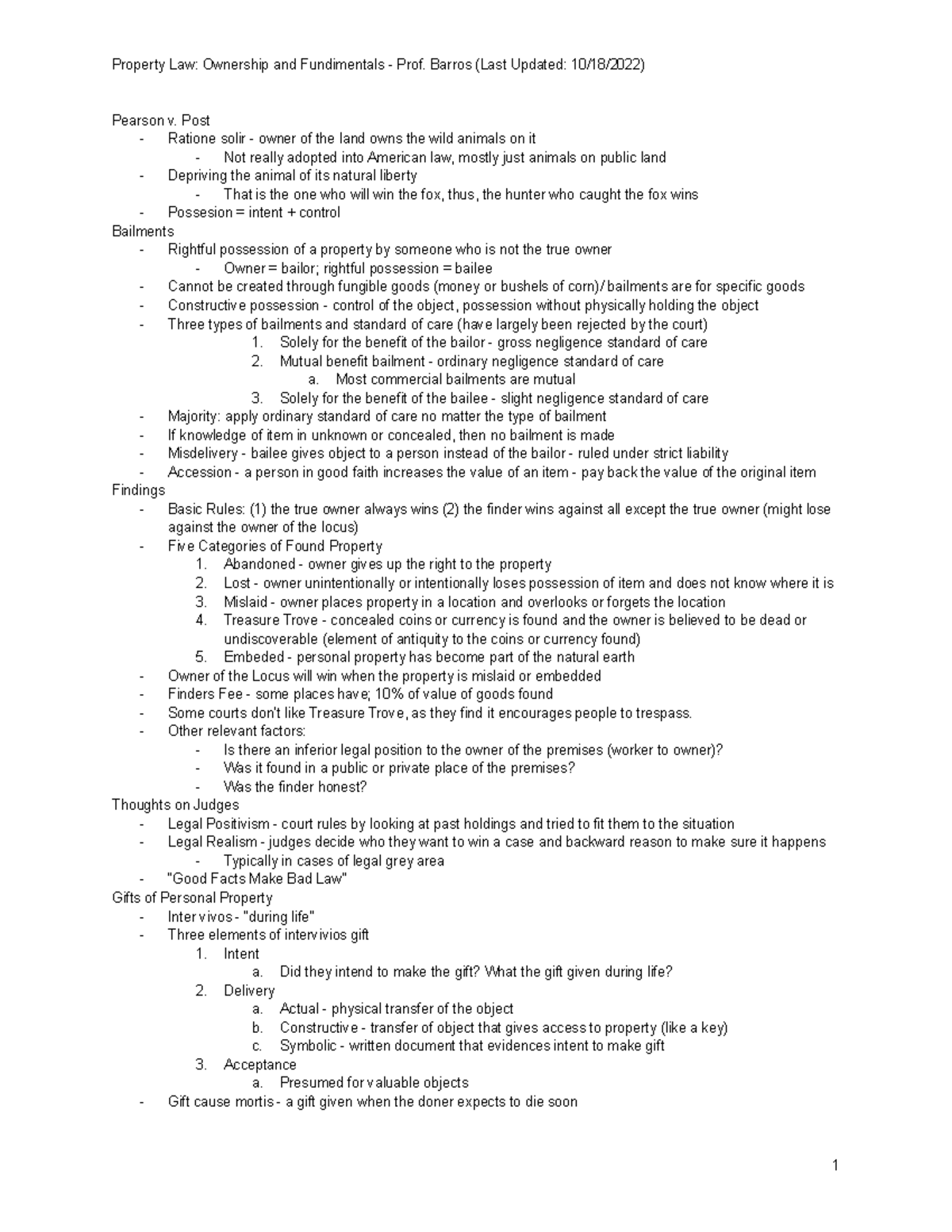 Prop. Law Ownership and Fundimentals - Pearson v. Post - Ratione solir ...