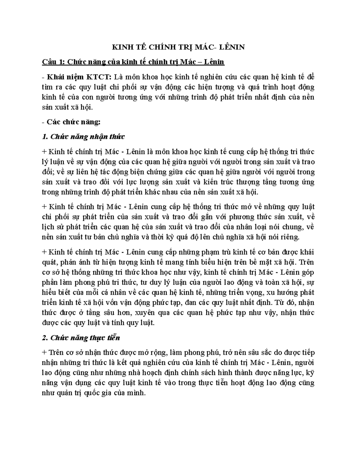 KINH TẾ Chính TRỊ MÁC - dsdsf - KINH TẾ CHÍNH TRỊ MÁC- LÊNIN Câu 1 ...