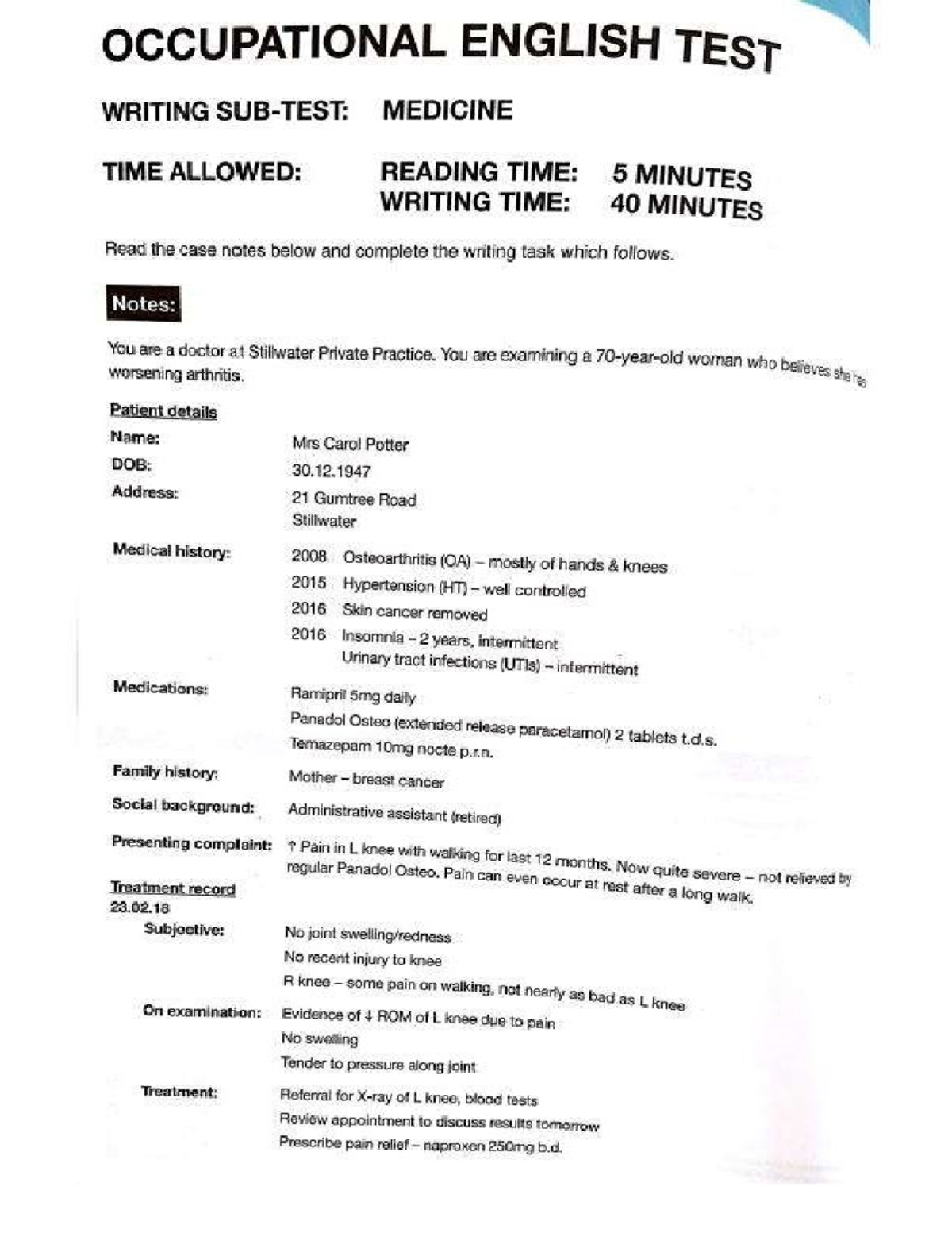 Write HX - case notes for writing sub test OET - Occupational English ...