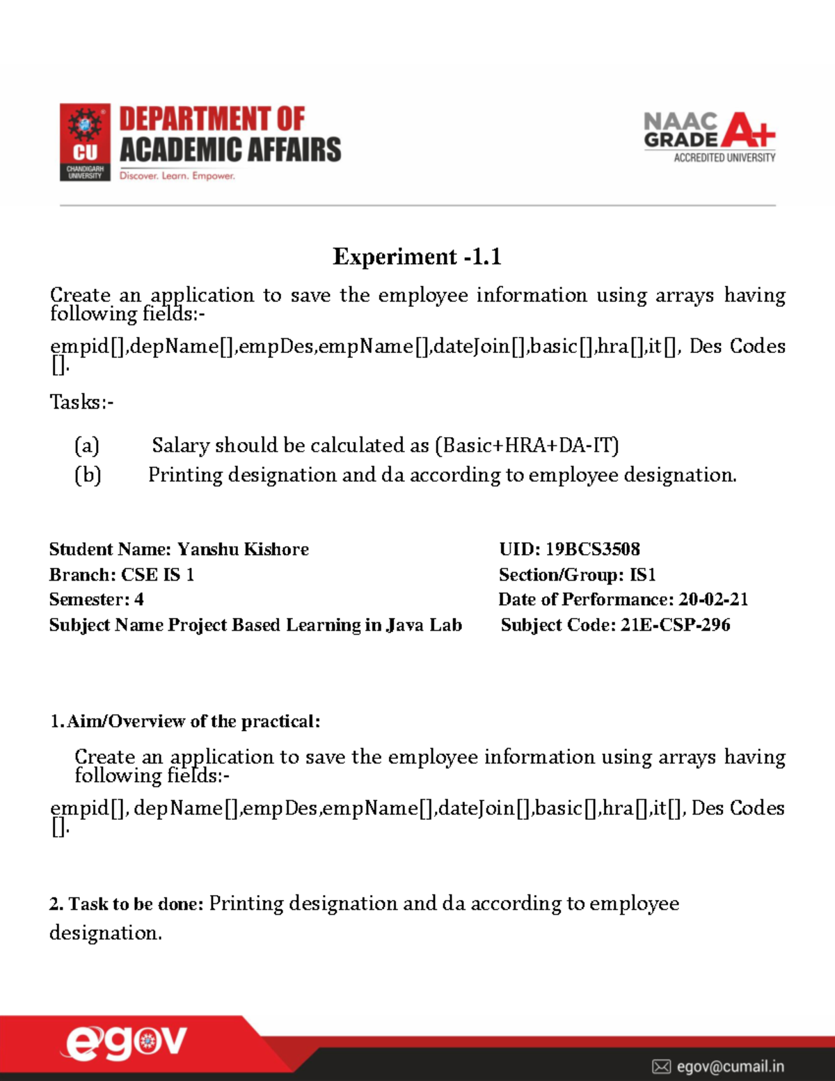PBLJ Worksheet - 1 - pbij - Experiment -1. Create an application to ...
