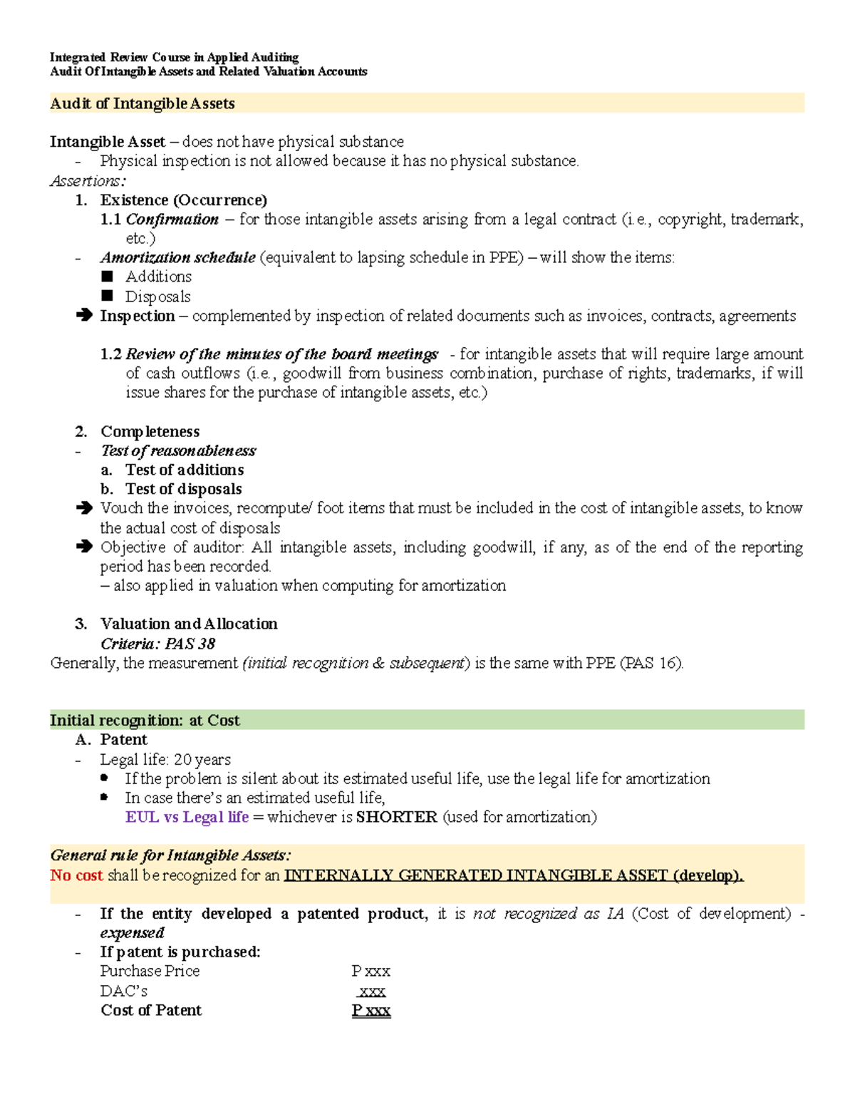 Audit of Intangible Assets - Assertions: 1. Existence (Occurrence) 1 ...