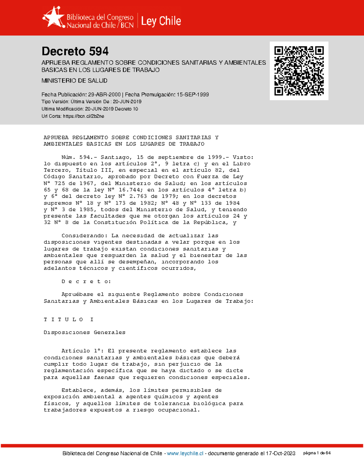 DTO-594 29-ABR-2000 - decreto 594 - Decreto 594 APRUEBA REGLAMENTO SOBRE CONDICIONES SANITARIAS ...