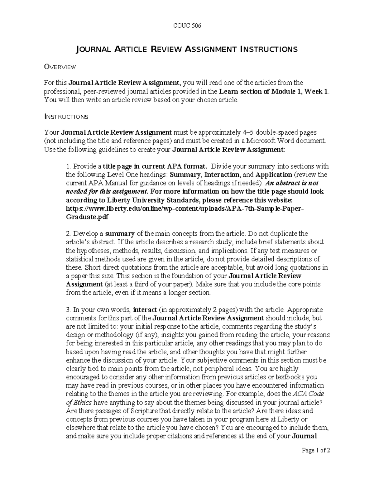 Journal Article Review Assignment Instructions - COUC 506 JOURNAL ...