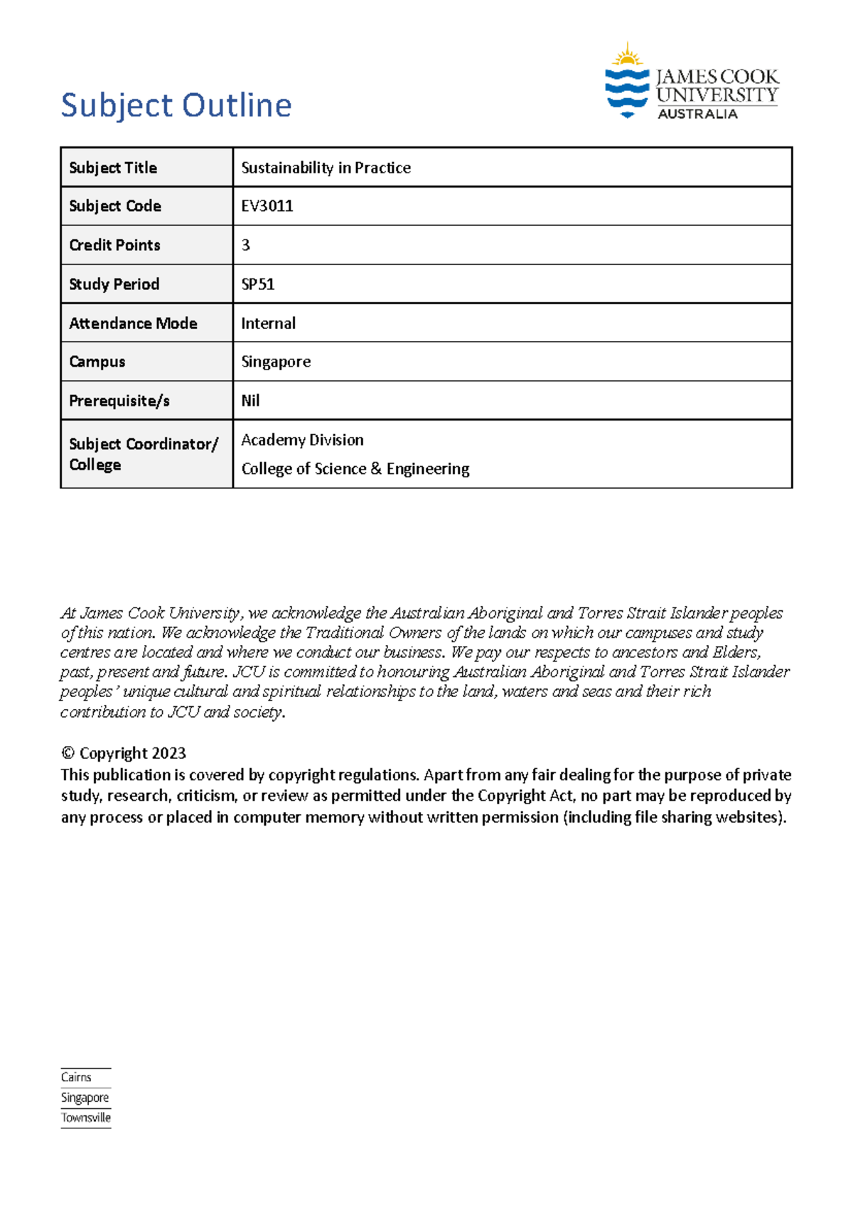 24 EV3011 SIN SP51 INT Subject Outline - Subject Outline Subject Title Sustainability in ...