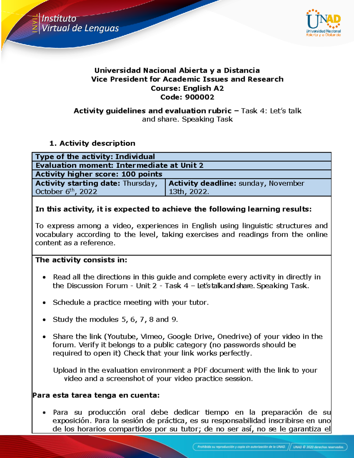 Activity guide and evaluation rubric - Unit 2 - Task 4 - Lets talk and ...