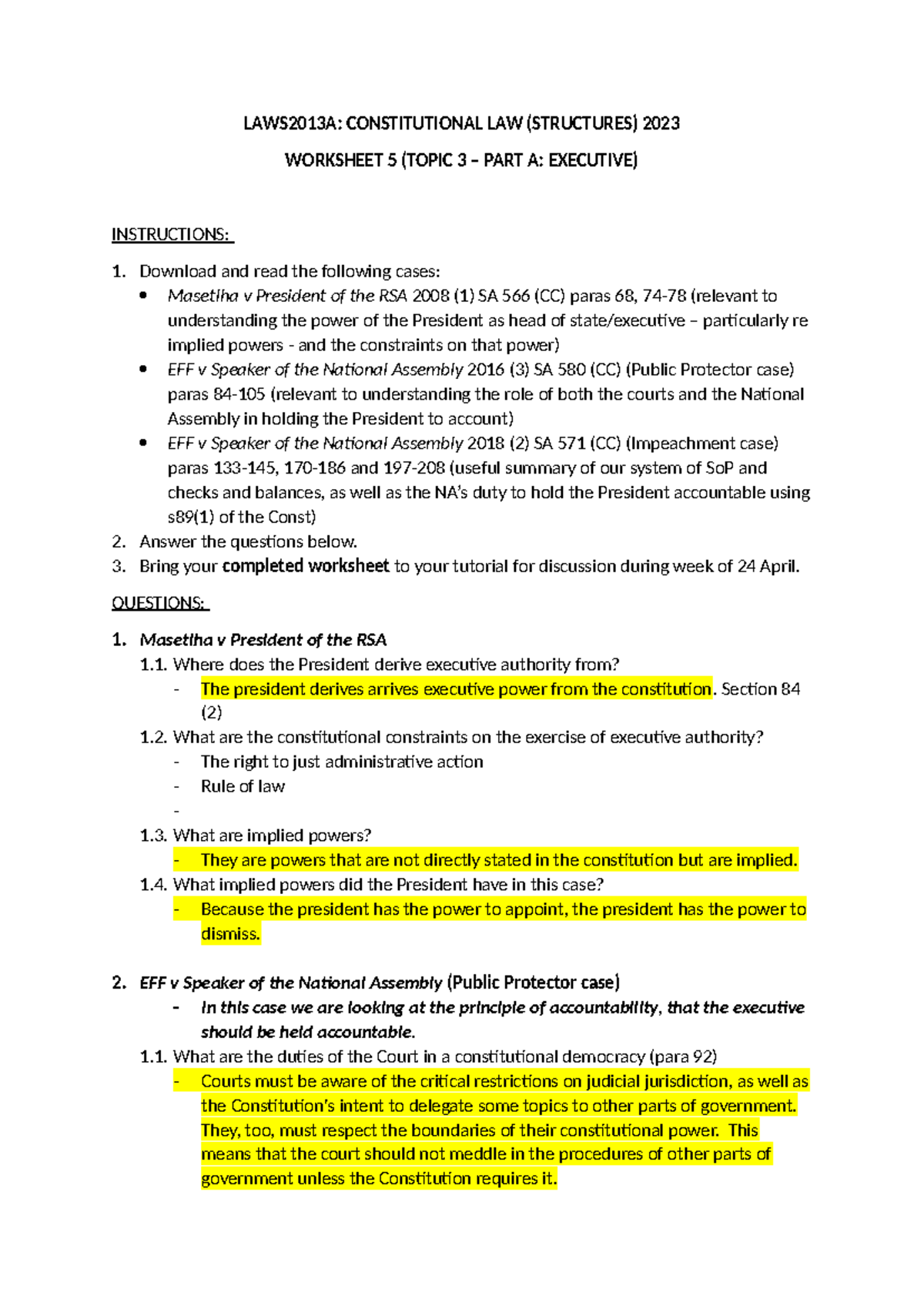 Constitutional LAW ( Structures) - Worksheet 5 ( Executive - Topic 3(A ...