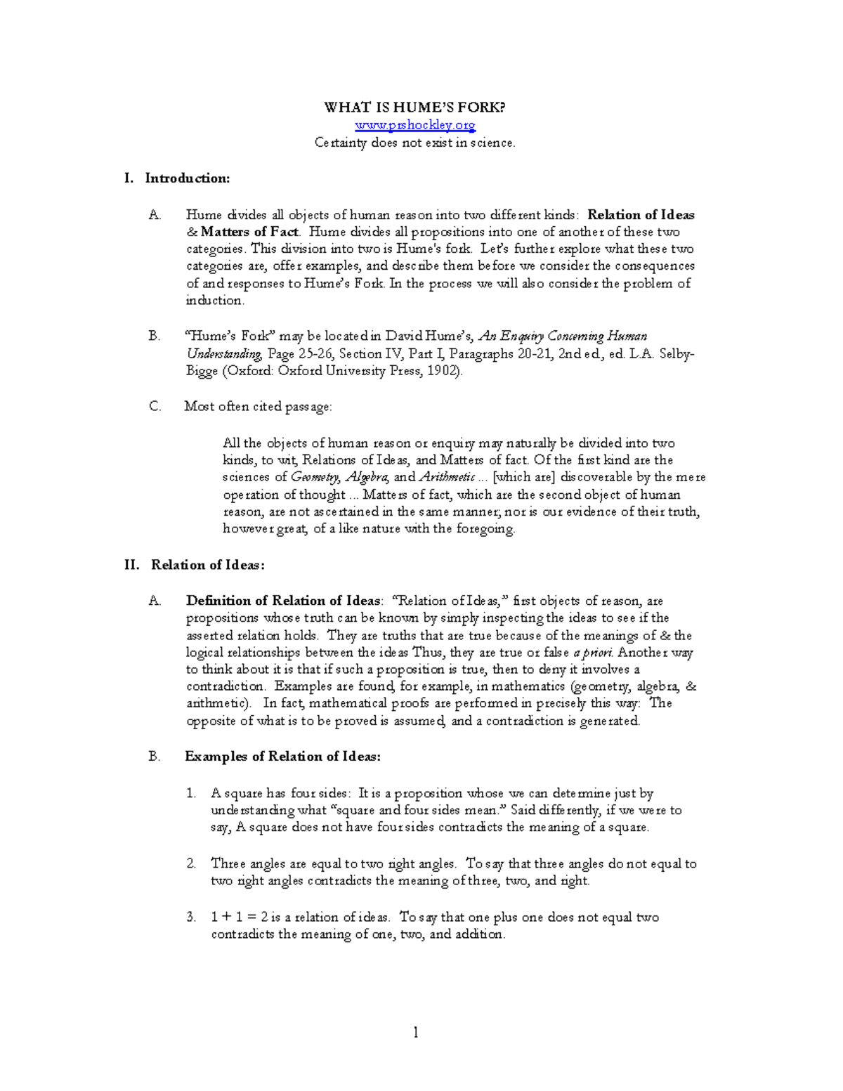 Hume s Fork - hume - - Studocu