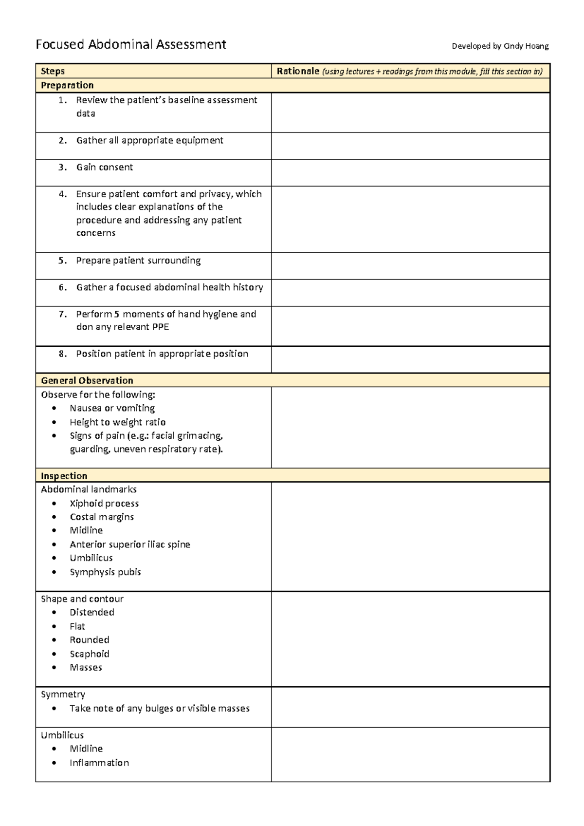 Focused Abdominal Assessment - Student - Focused Abdominal Assessment ...