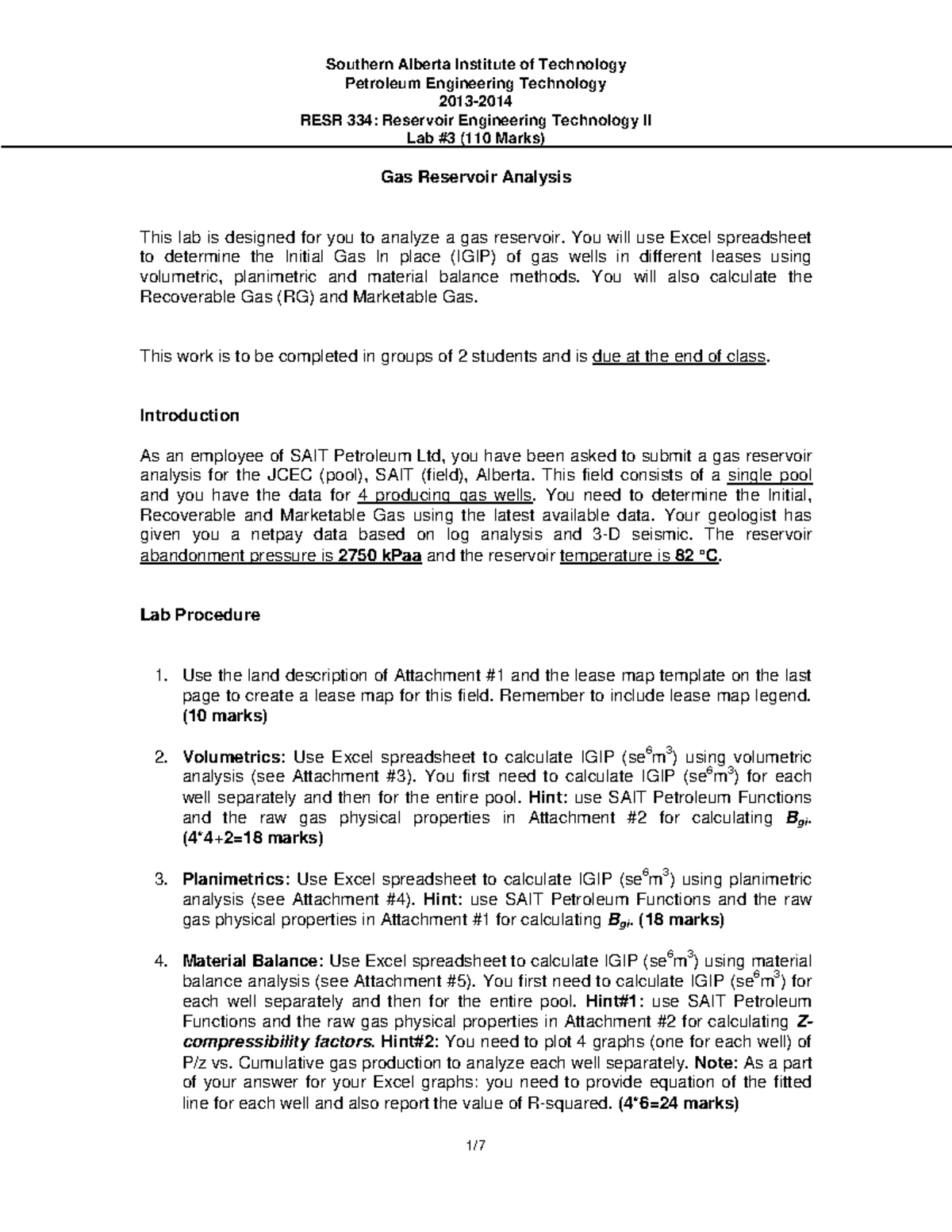 Gas Reservoir Analysis - RESR344 - SAIT Polytechnic - Studocu